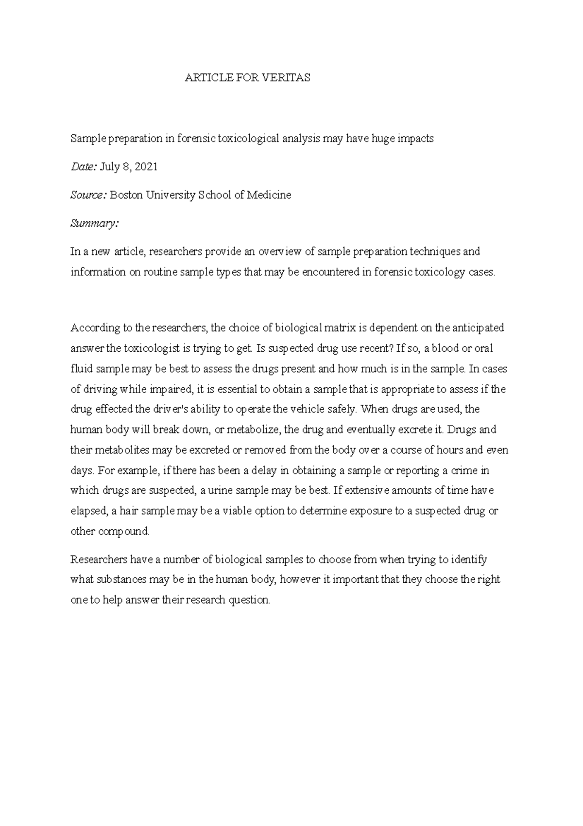 Article FOR Veritas - ARTICLE FOR VERITAS Sample preparation in ...