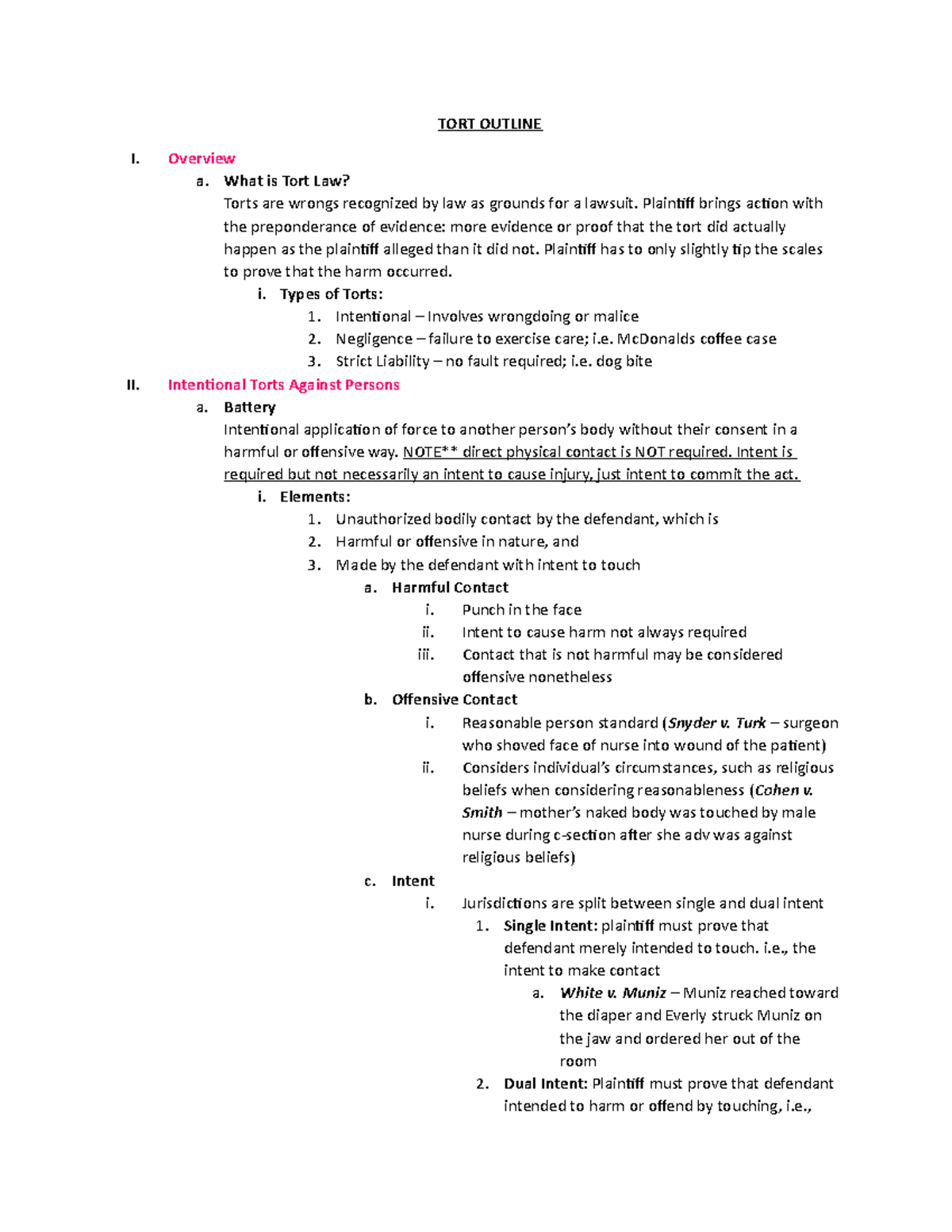 Tort Law Overview and Types of Torts - Studocu