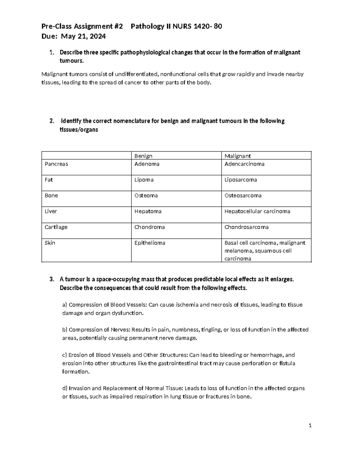 Oncology assignment, contains all answers that are in the course material - Pre-Class Assignment ...