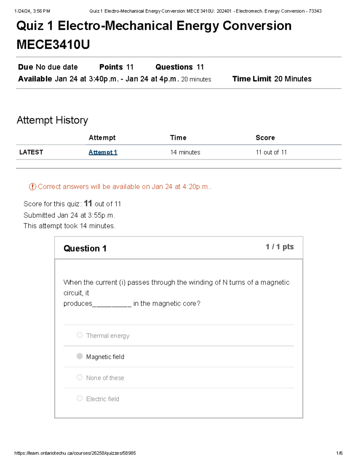 Quiz 1 Electro-Mechanical Energy Conversion MECE3410U 202401 - Electromech. Energy Conversion ...