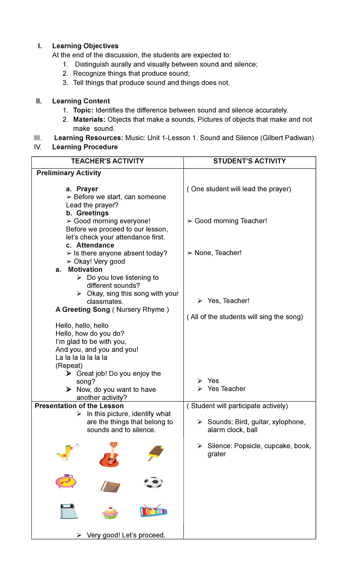 MC Music-LP - LESSON PLAN - I. Learning Objectives At the end of the ...