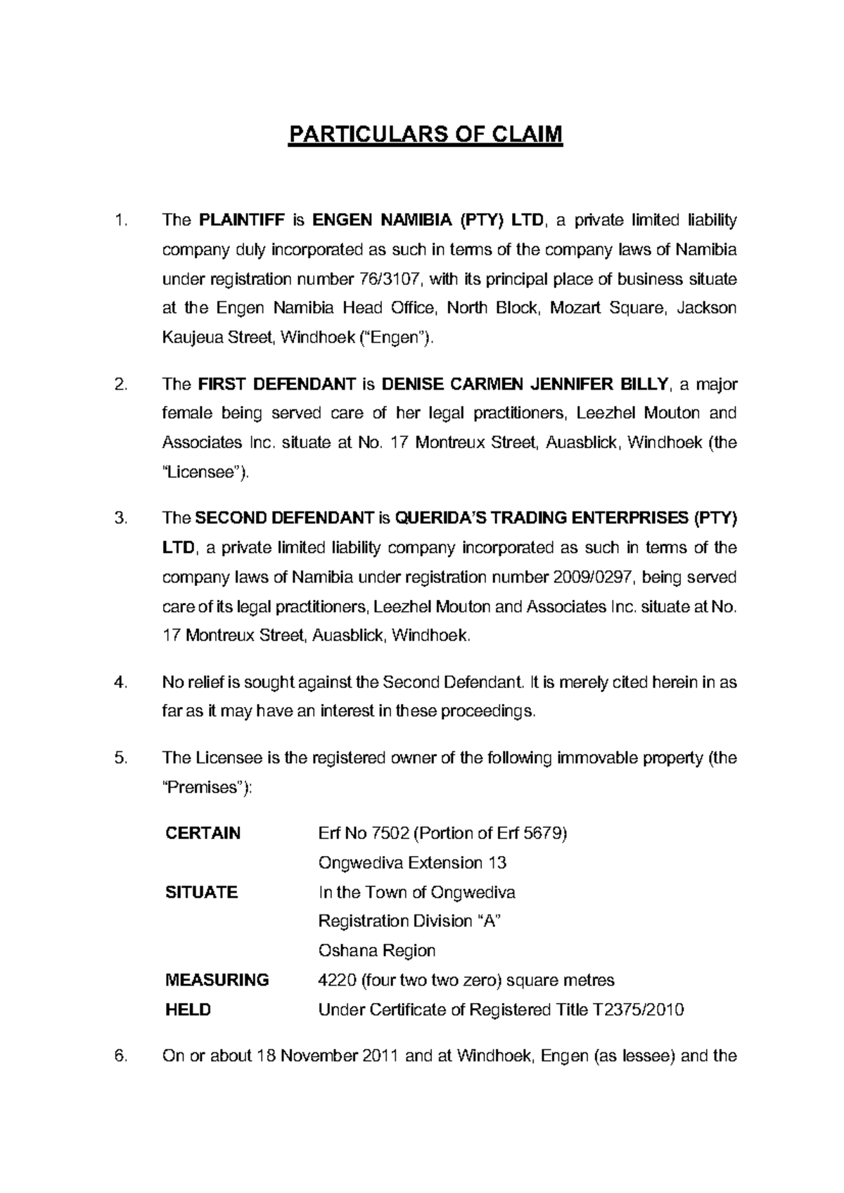 1. Particulars of Claim (with annexes) - Engen vs. Billy - PARTICULARS ...