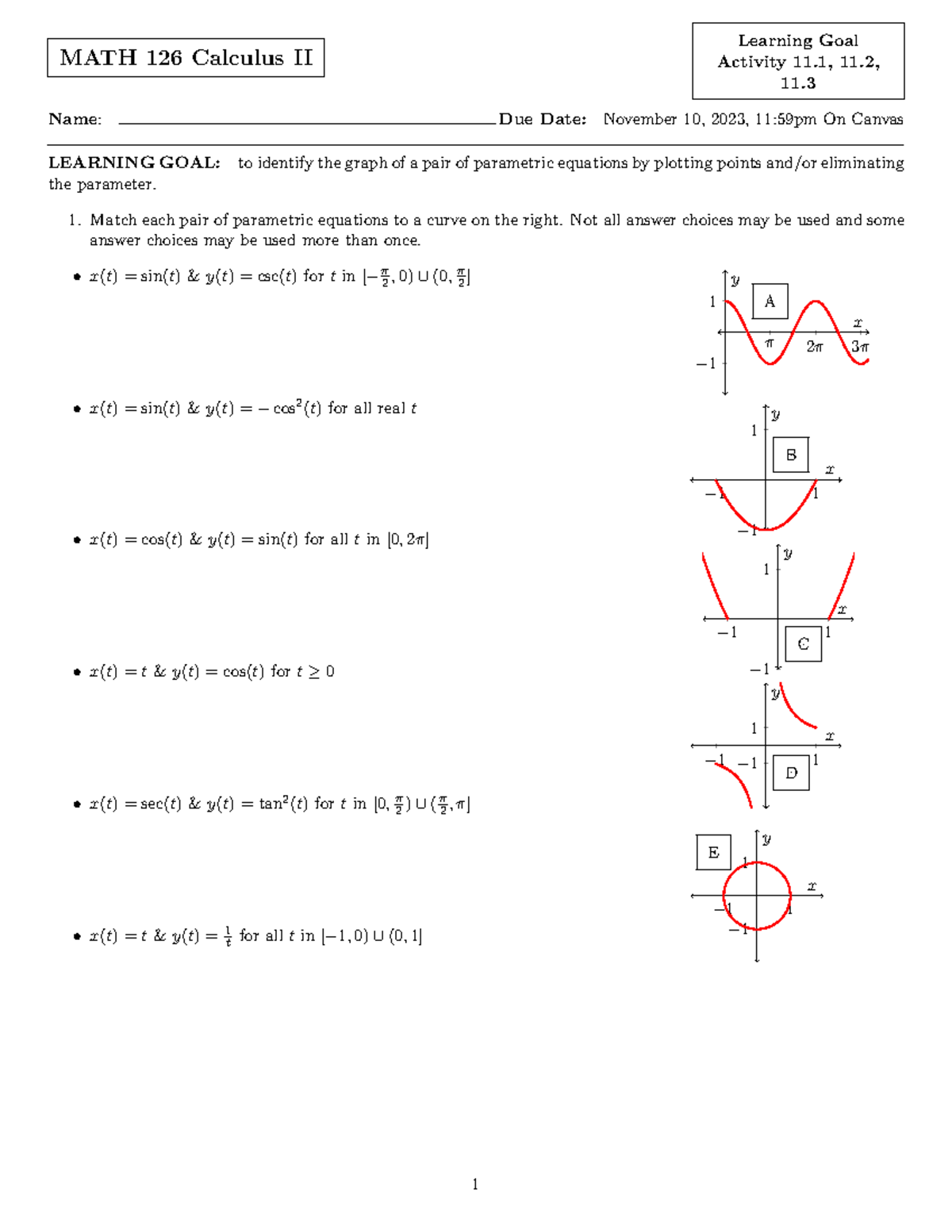 LGA Sections 11.1, 11.2, 11 - MATH 126 Calculus II Learning Goal Activity 11, 11, 11. Name: Due ...