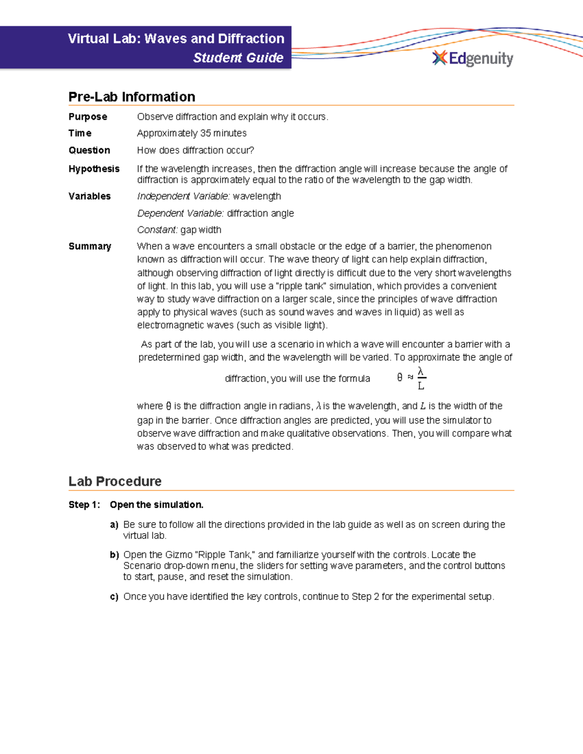 Virtual Lab Guide - Waves and Diffraction- SG - Virtual Lab: Waves and Diffraction Student Guide ...