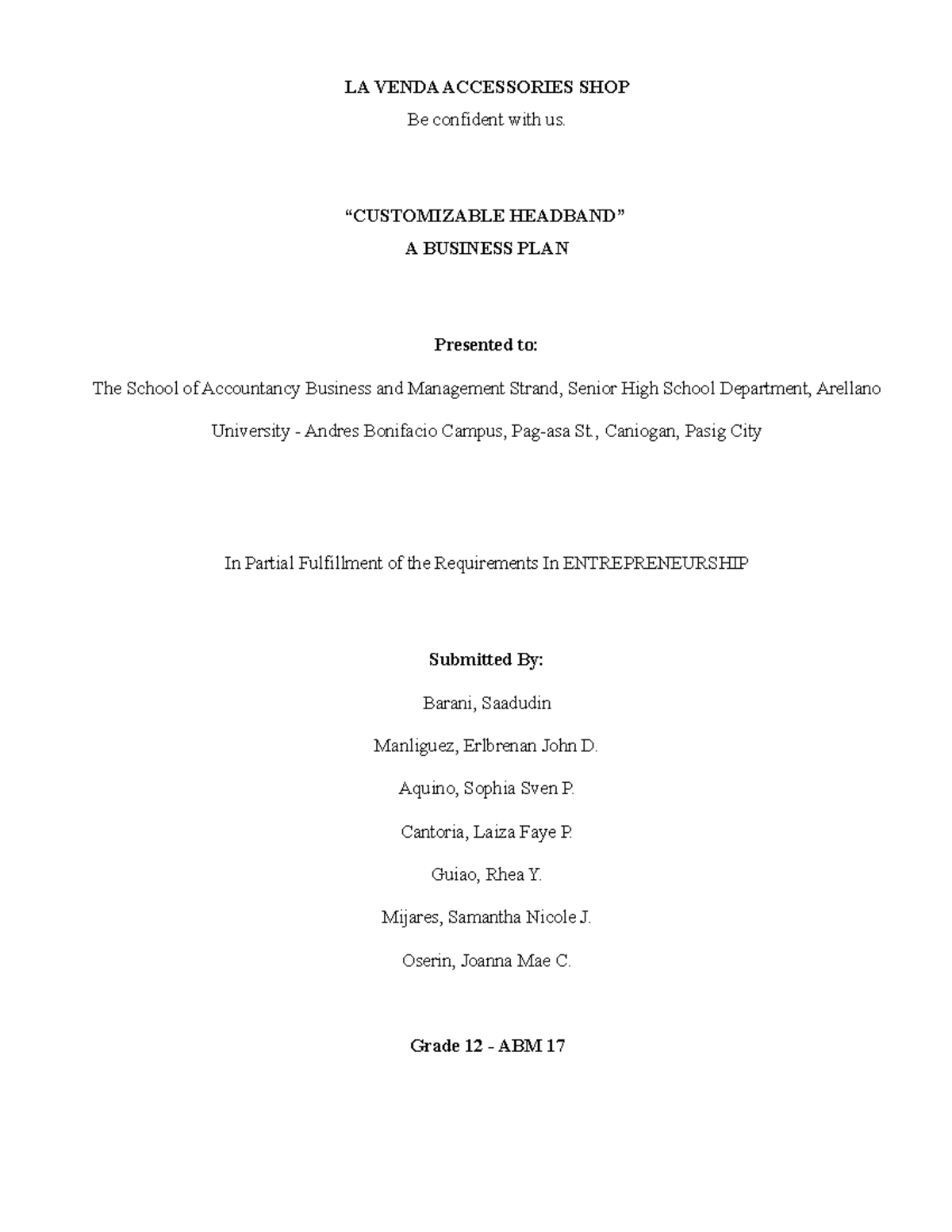 Entrepreneurship Business Plan - LA VENDA ACCESSORIES SHOP Be confident ...