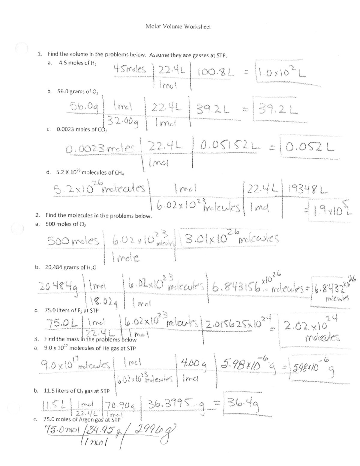 Molar volume worksheet - key - Molar Volume Worksheet 1. Find the ...