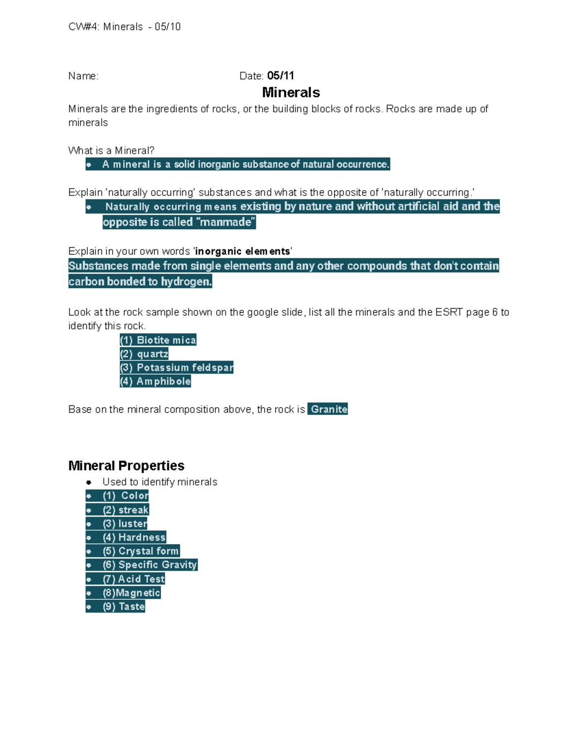 earth science - Minerals question and answers - CW#4: Minerals - 05 ...