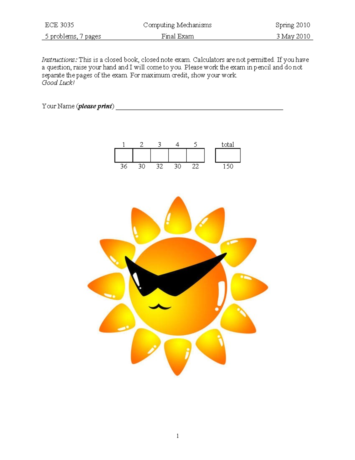 SP10 Final Exam - Practice Tests - 5 problems, 7 pages Final Exam 3 May ...