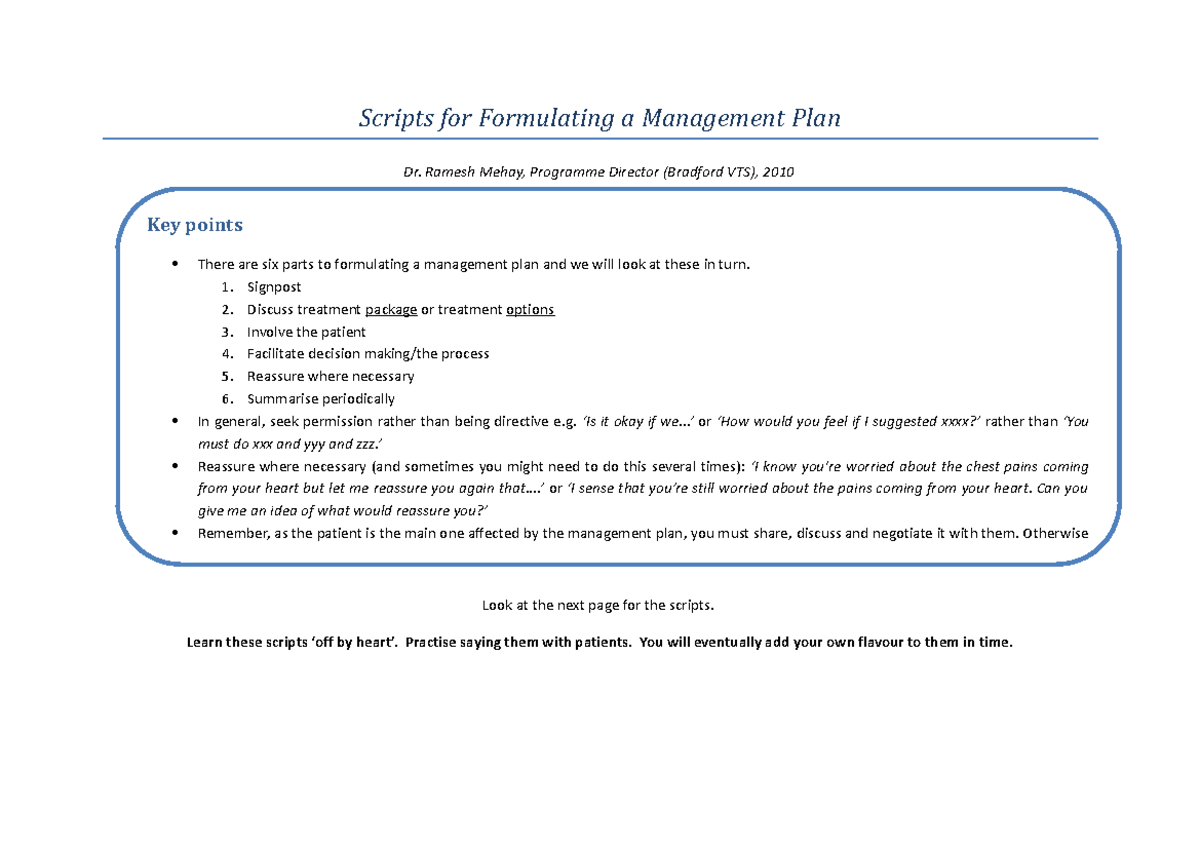 Scripts for formulating management plan - Scripts for Formulating a ...