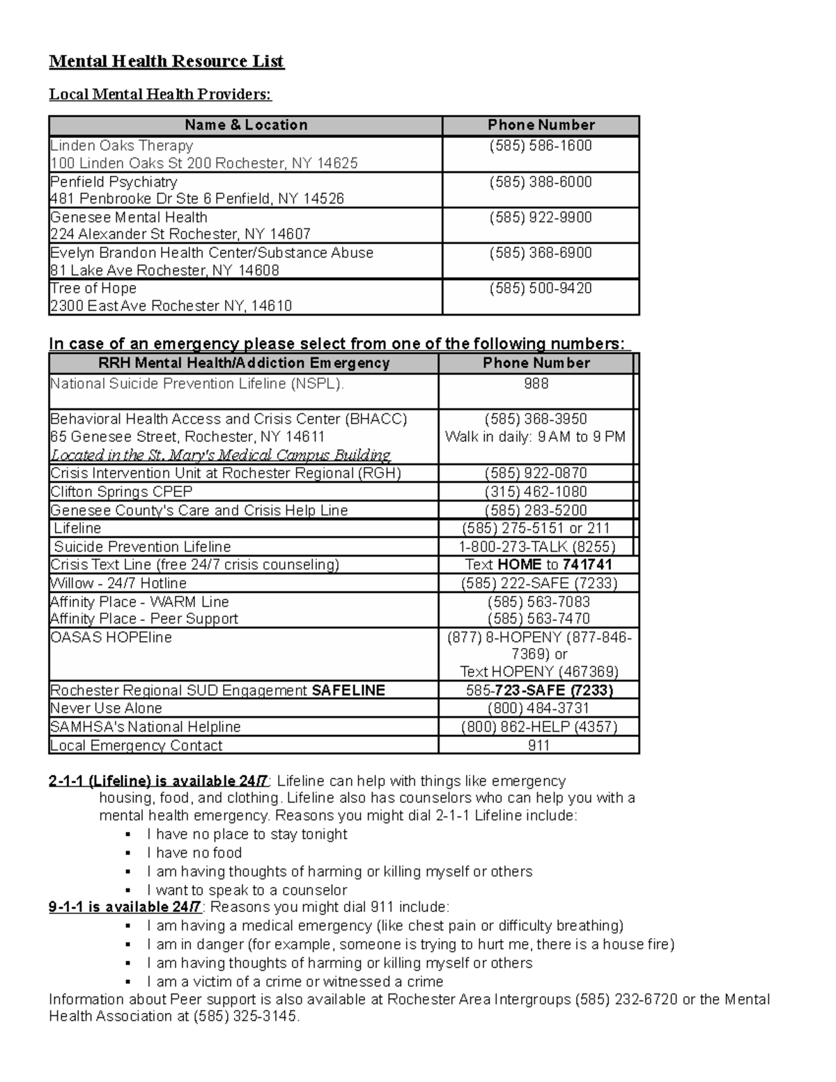 Mental Health Resource LIST - Mental Health Resource List Local Mental ...