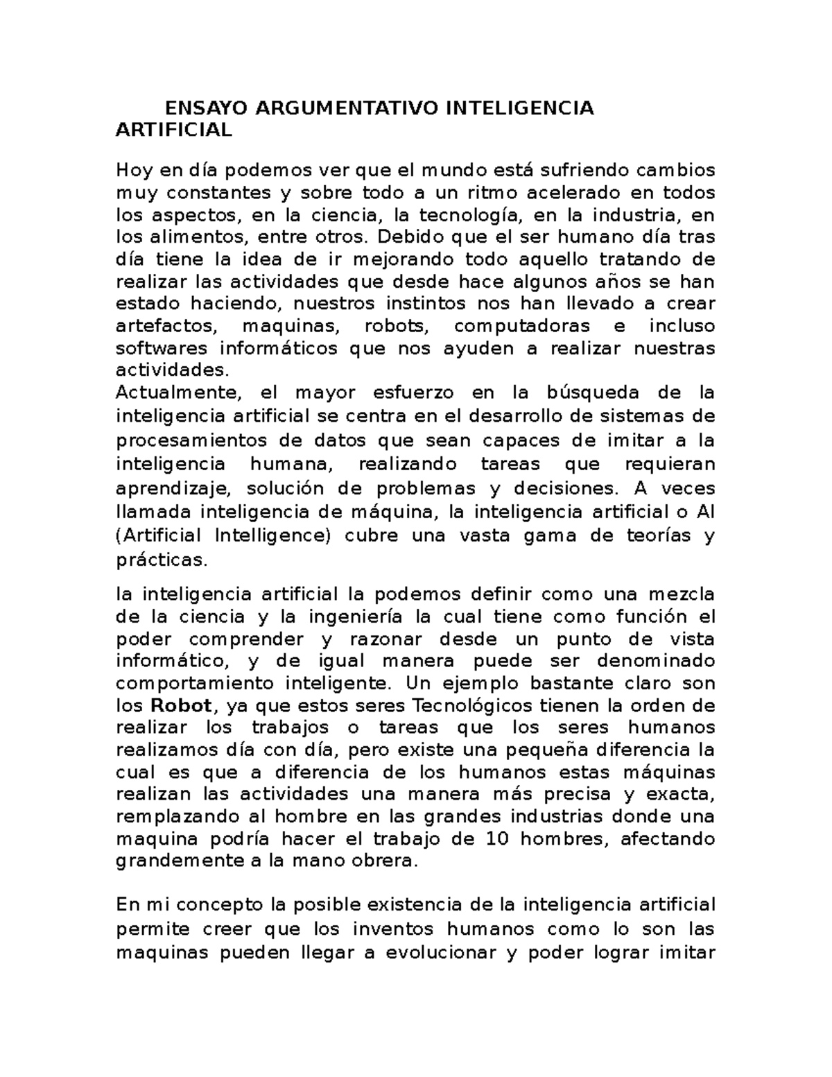 Ensayo Argumentativo Inteligencia Artificial - ENSAYO ARGUMENTATIVO ...