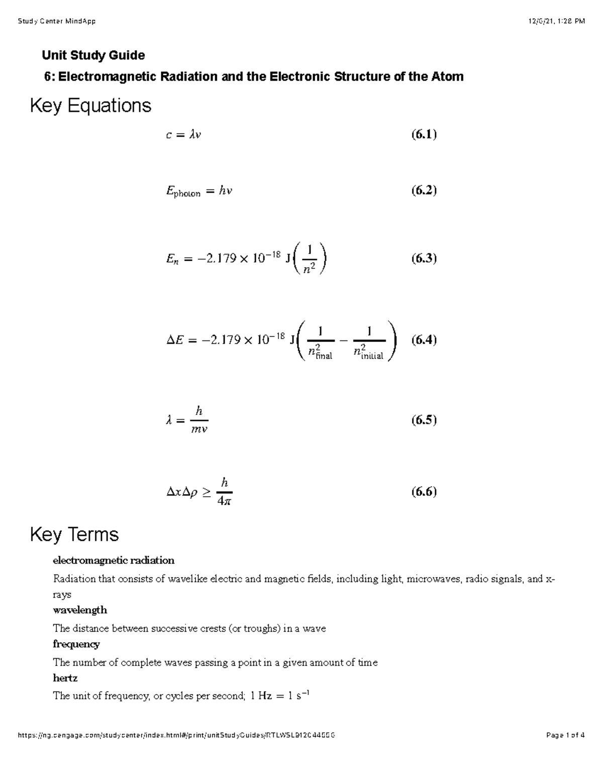 Chem Vocab Unit 6 - Unit Study Guide 6: Electromagnetic Radiation and ...