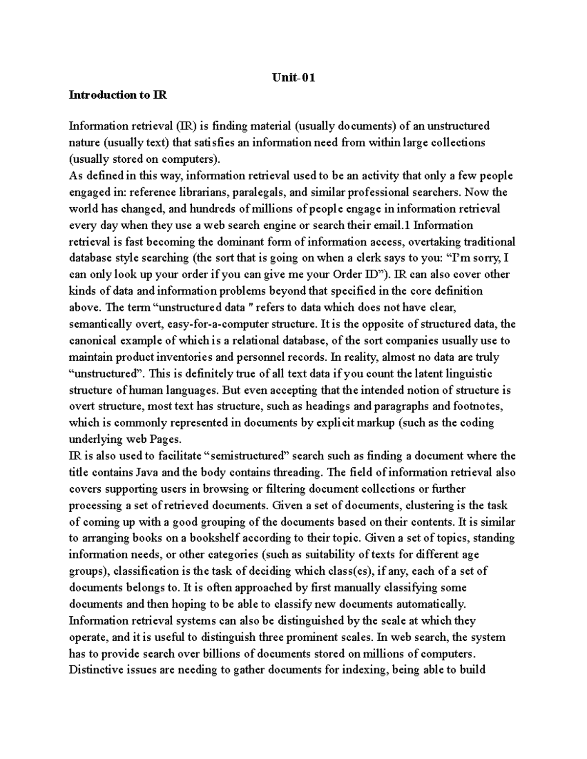 Information Retrieval unit 1 - Unit- Introduction to IR Information retrieval (IR) is finding ...
