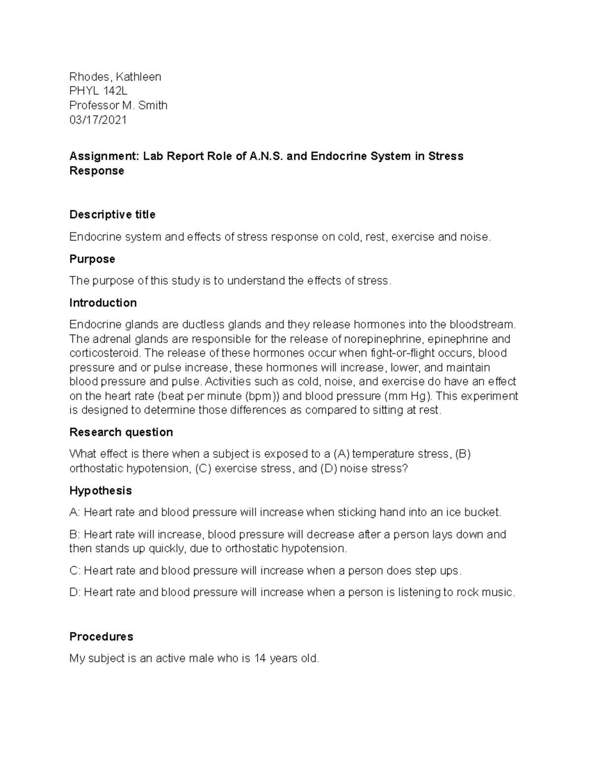 Lab report PHYL-142L - Anatomy and physiology 1 and 2 - Rhodes ...