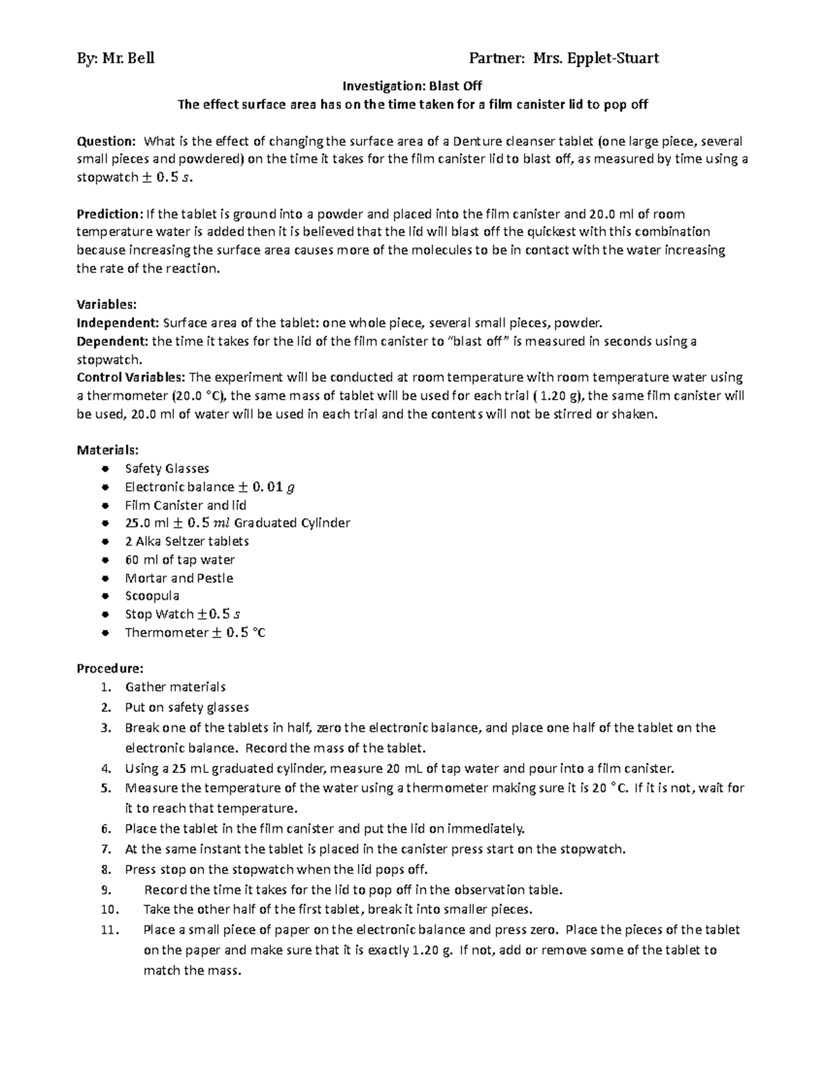 Copy of Blast Off Lab Exemplar - 2020 - By: Mr. Bell Partner: Mrs ...