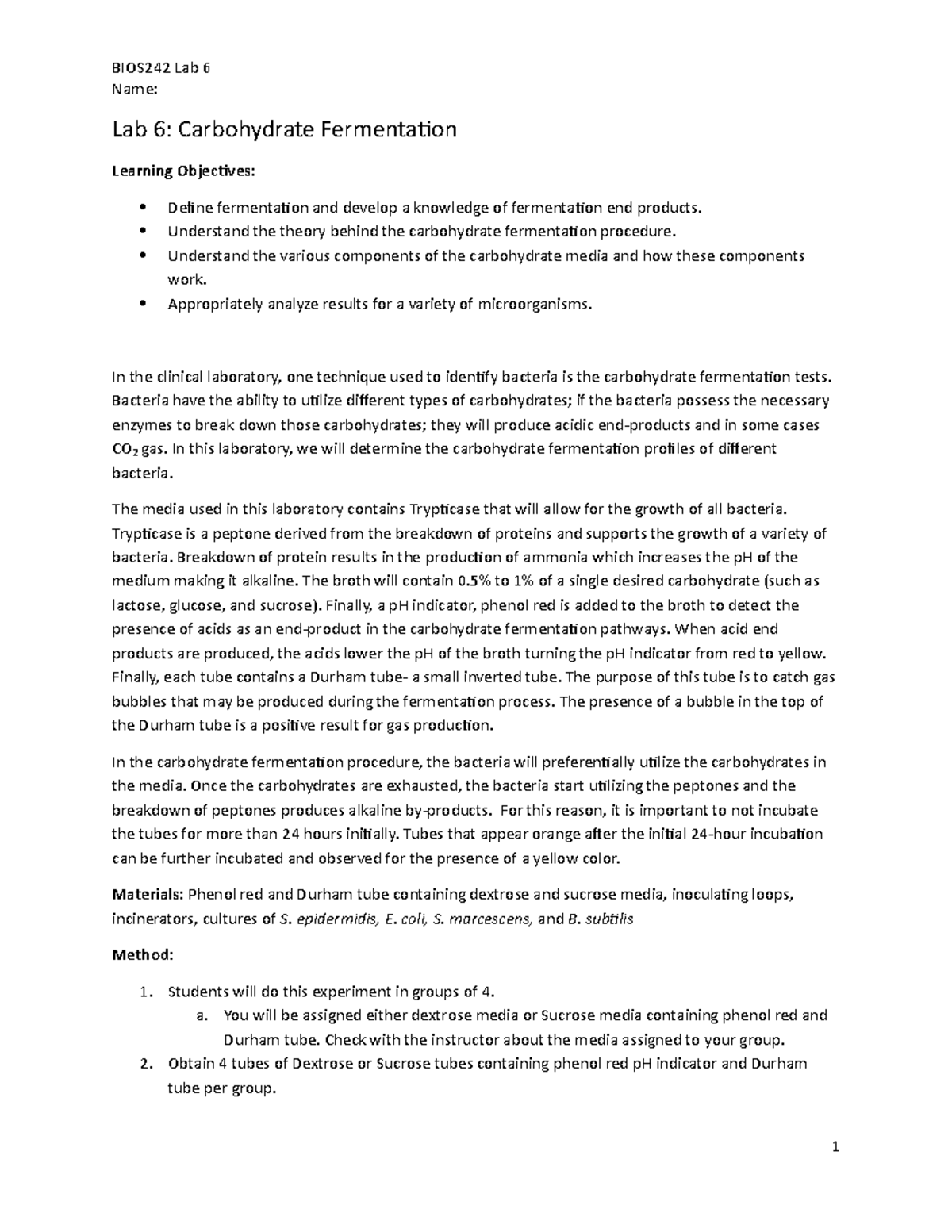 BIOS242 Week 3 Lab 6 Carbohydrate Fermentation - Name: Lab 6 ...