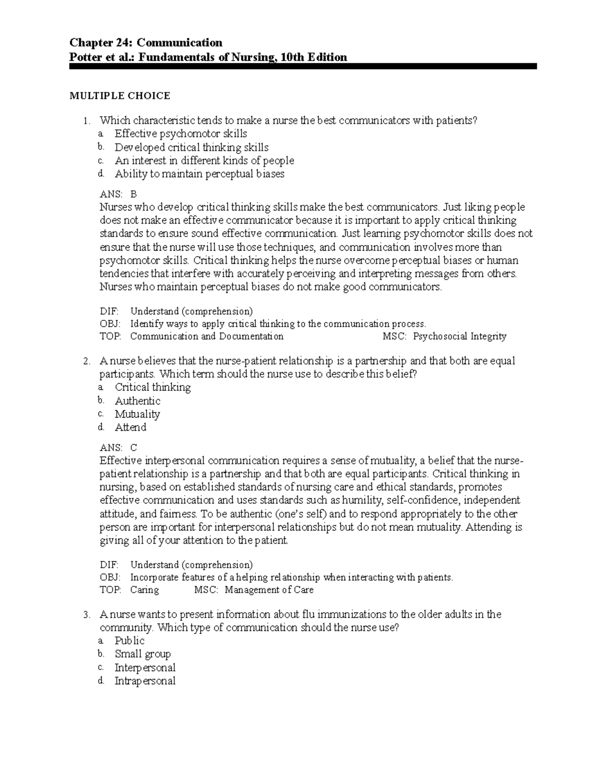 C24 - guide - Chapter 24: Communication Potter et al.: Fundamentals of Nursing, 10th Edition ...