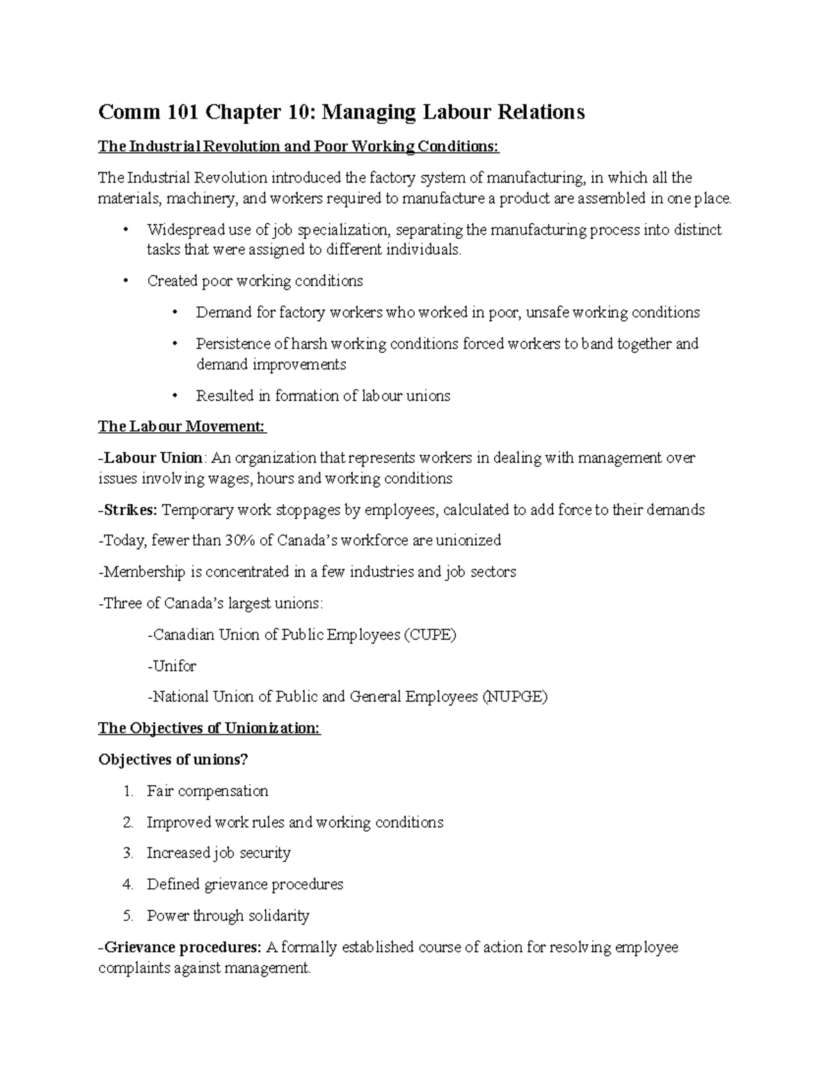 COMM 101 Chapter 10 - Comm 101 Chapter 10: Managing Labour Relations ...
