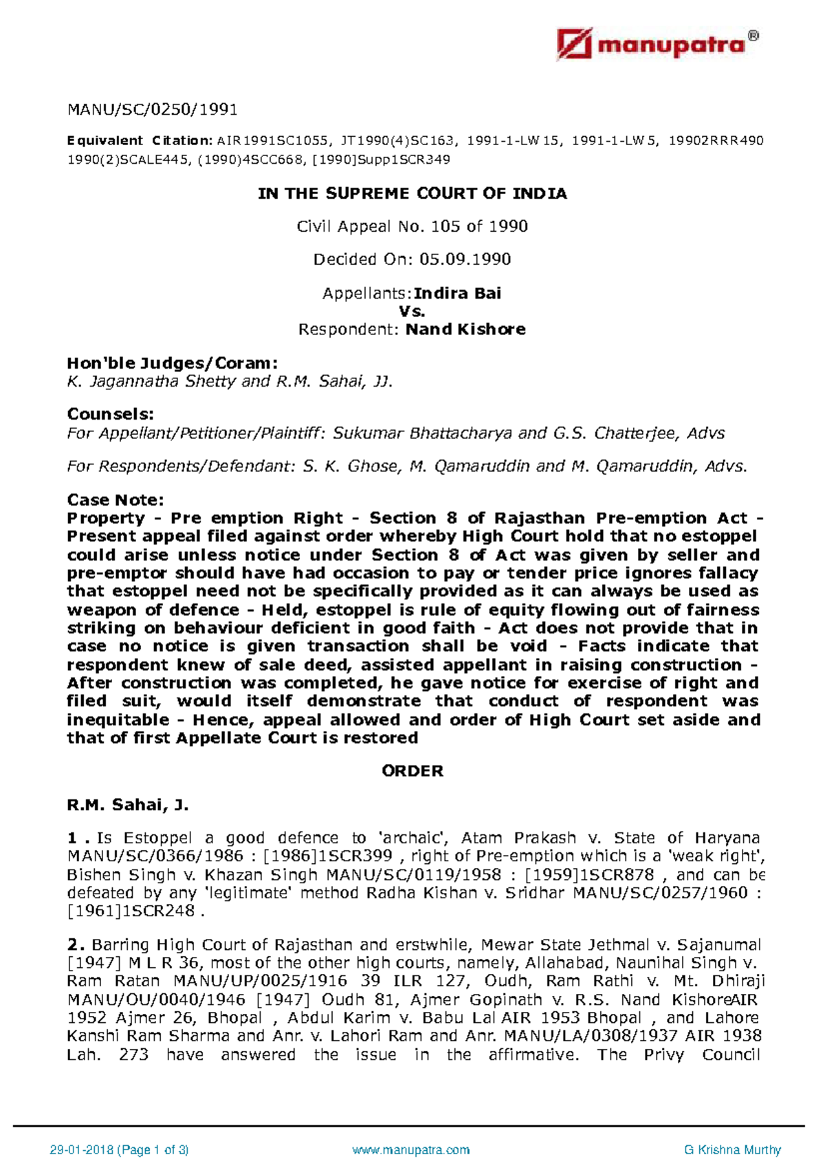 Indira Bai vs Nand Kishore 05091990 SC0427s910249 COM97867 - MANU/SC/0250/ Equivalent C itation ...