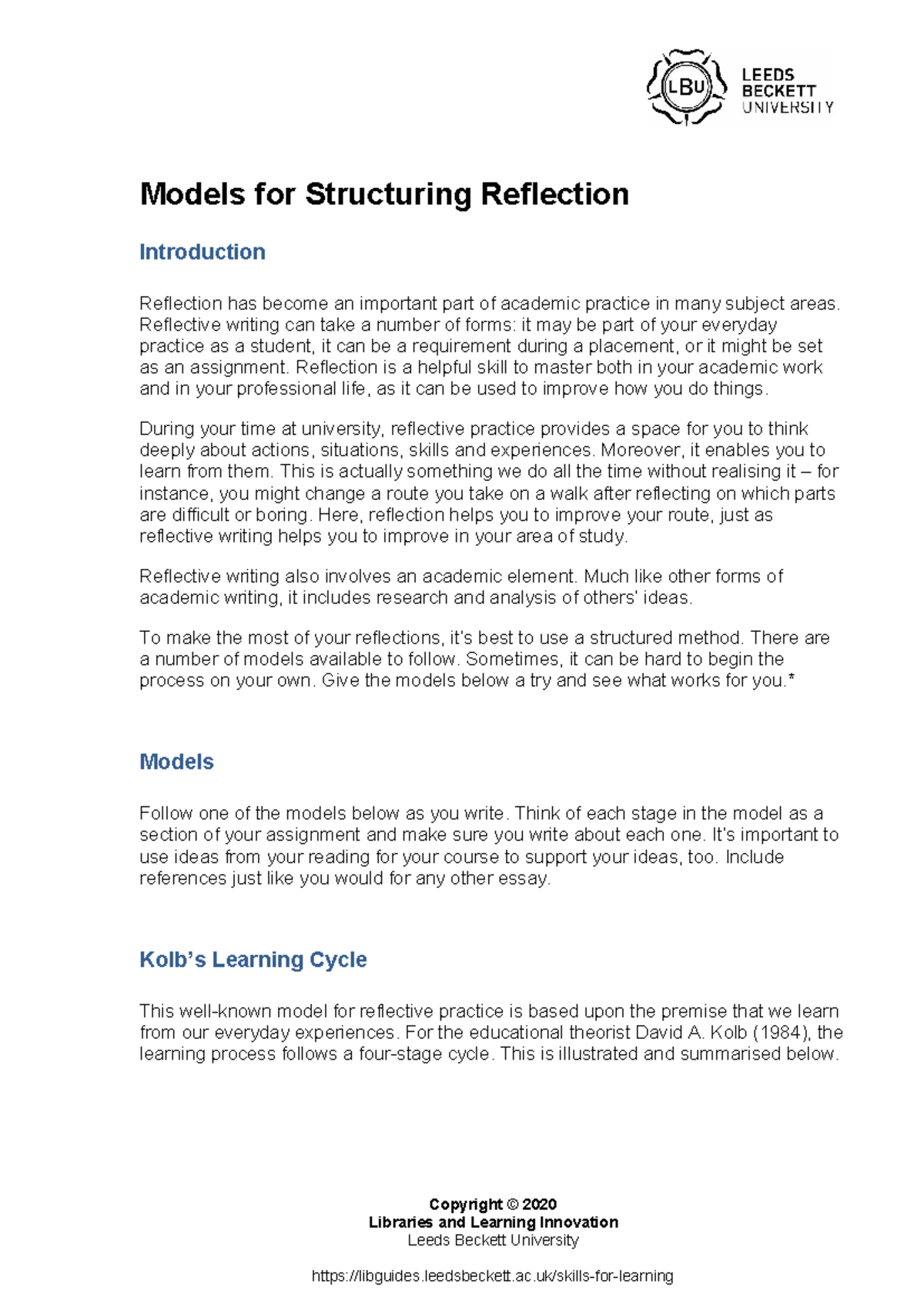 Reflective Writing Models - Models for Structuring Reflection ...