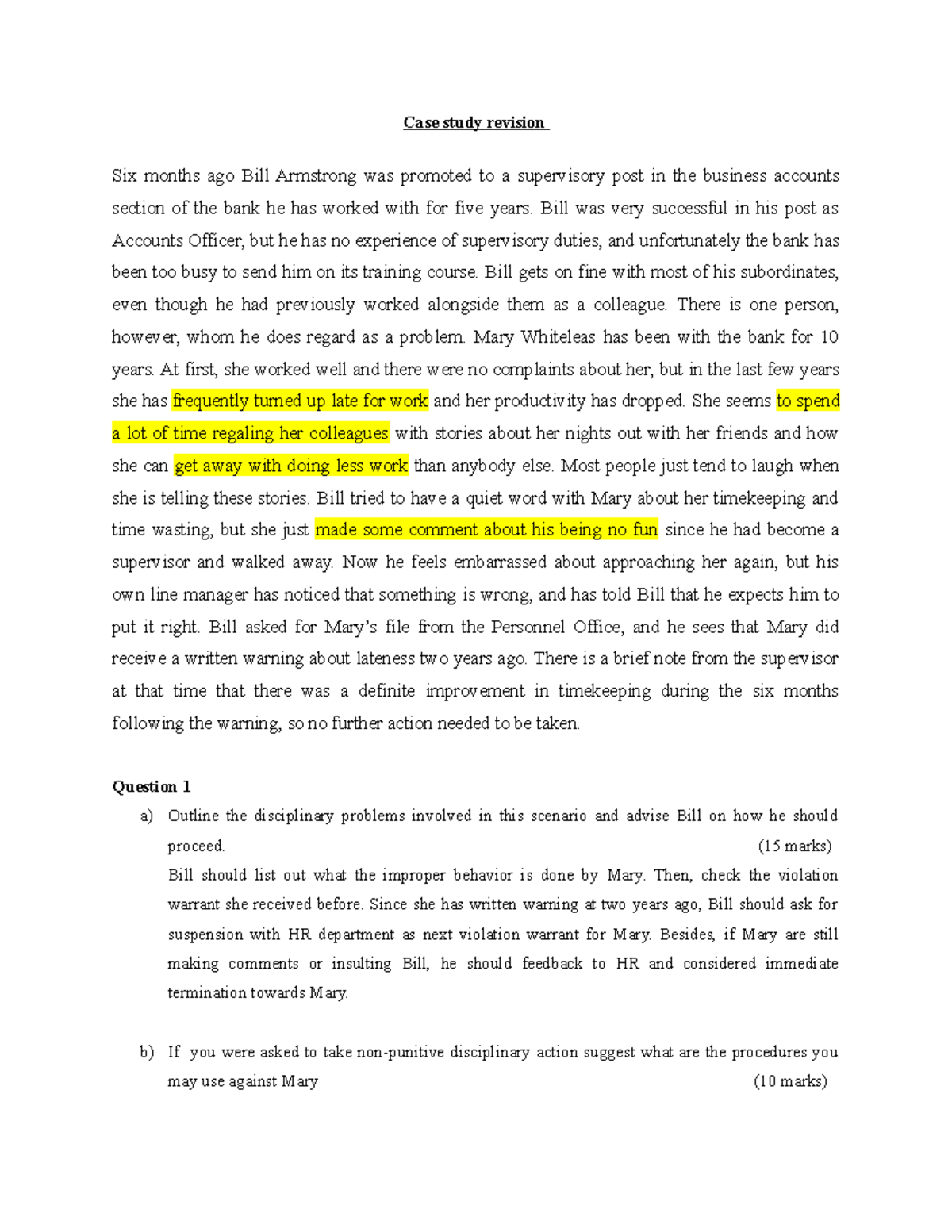 Disciplinary Exercise for diploma students - Case study revision Six ...