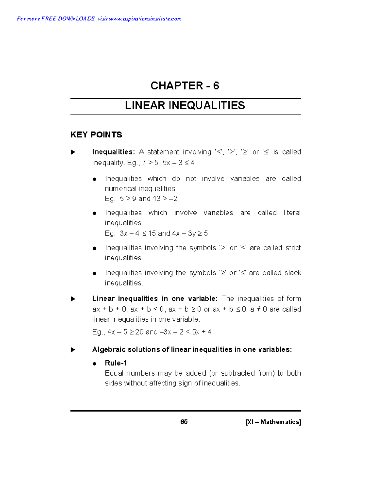 11 Maths Linear Inequalities Notes Assignments - CHAPTER - 6 LINEAR ...