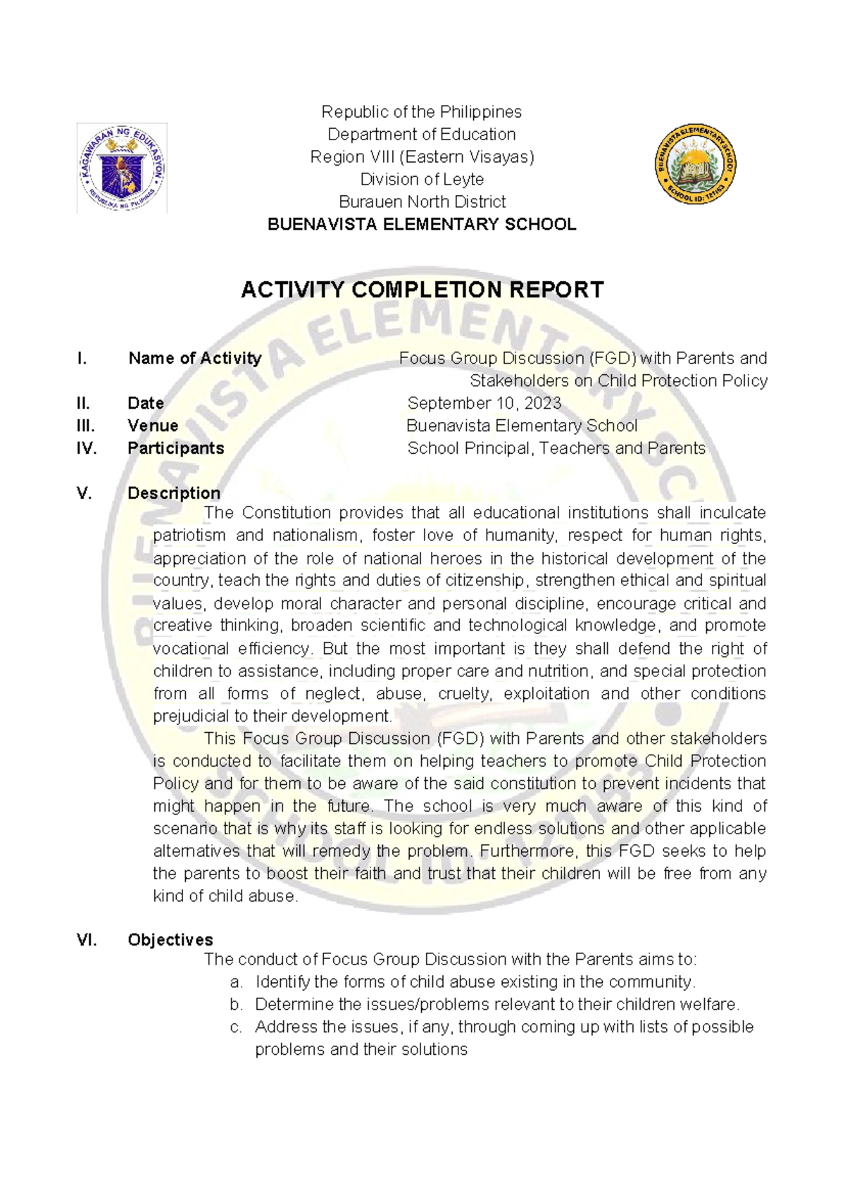 ACR on FGD about Child Protection Policy - Republic of the Philippines Department of Education ...