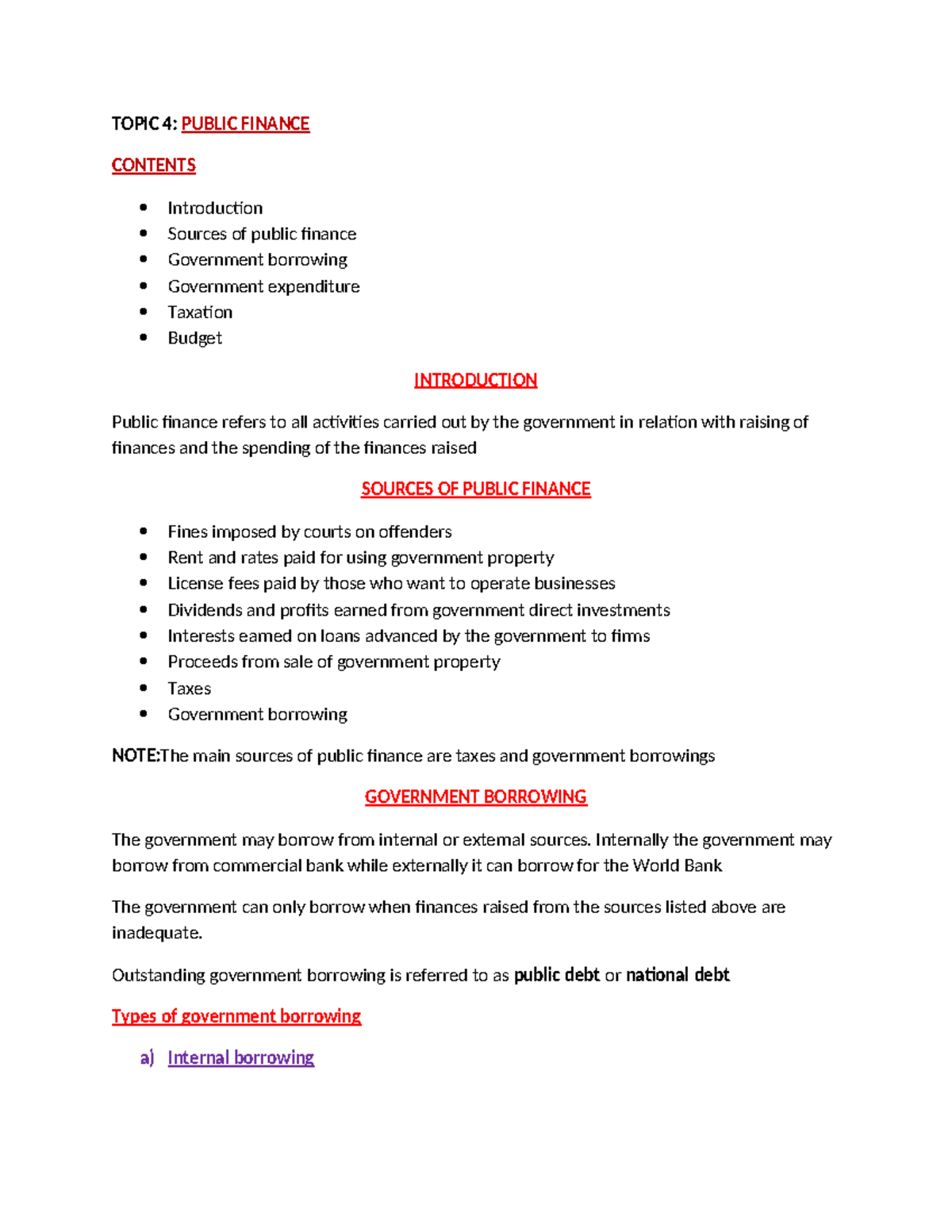 Public Finance - TOPIC 4: PUBLIC FINANCE CONTENTS Introduction Sources of public finance - Studocu