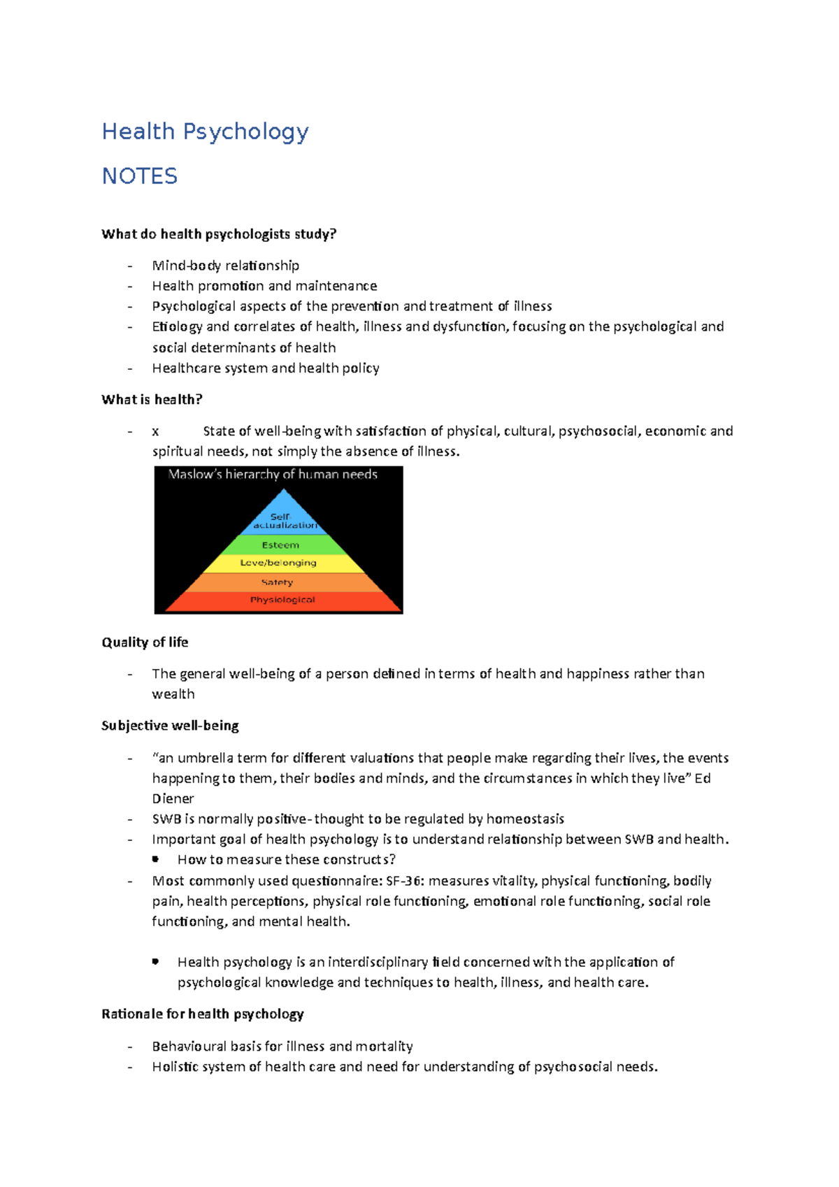 Notes - Health Psychology NOTES What do health psychologists study ...