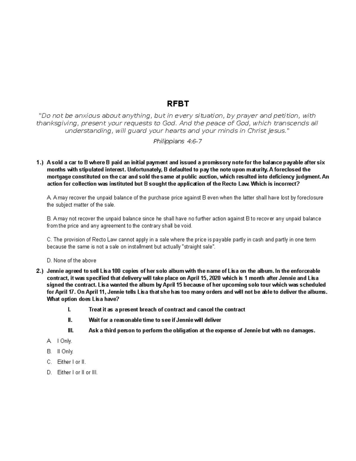 RFBT - RFBT Practice Exam - RFBT "Do not be anxious about anything, but ...
