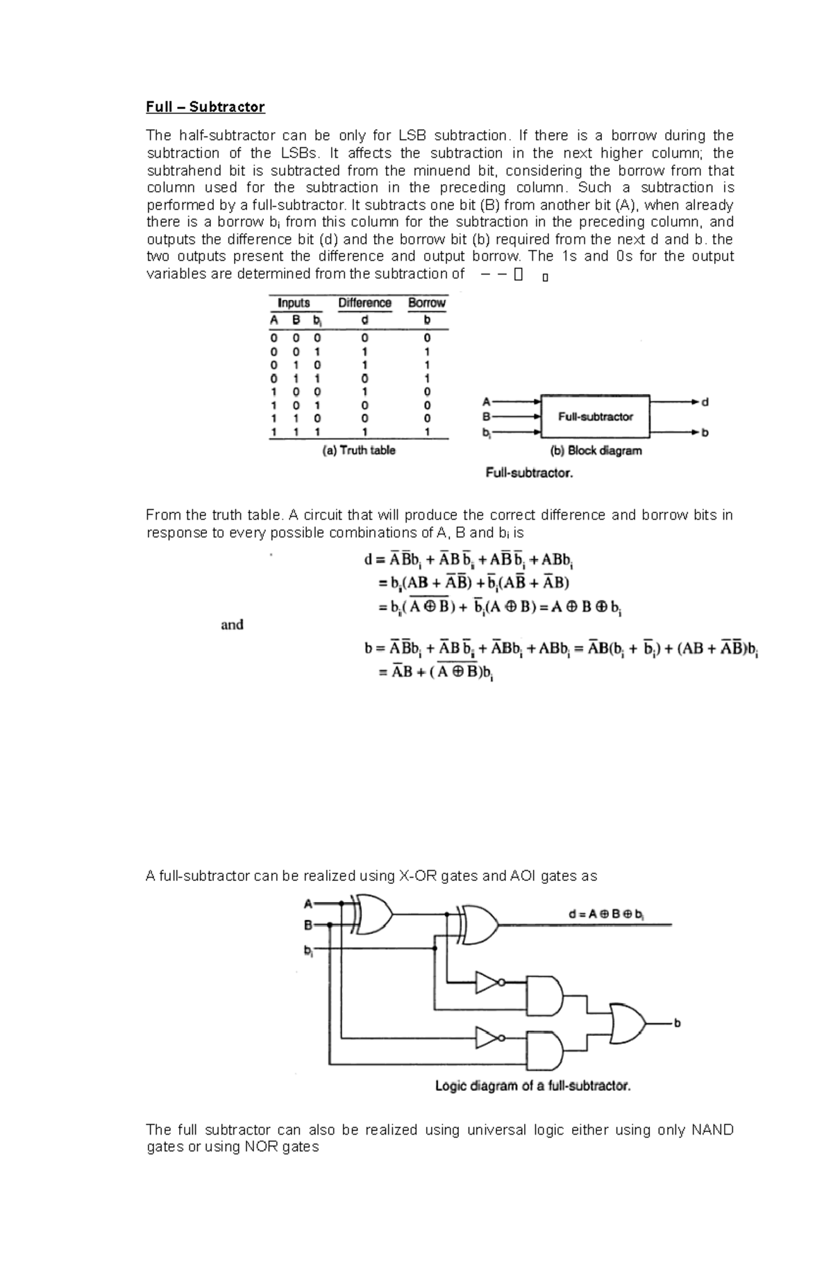 Module 4-Full Adder - Full – Subtractor The half-subtractor can be only ...