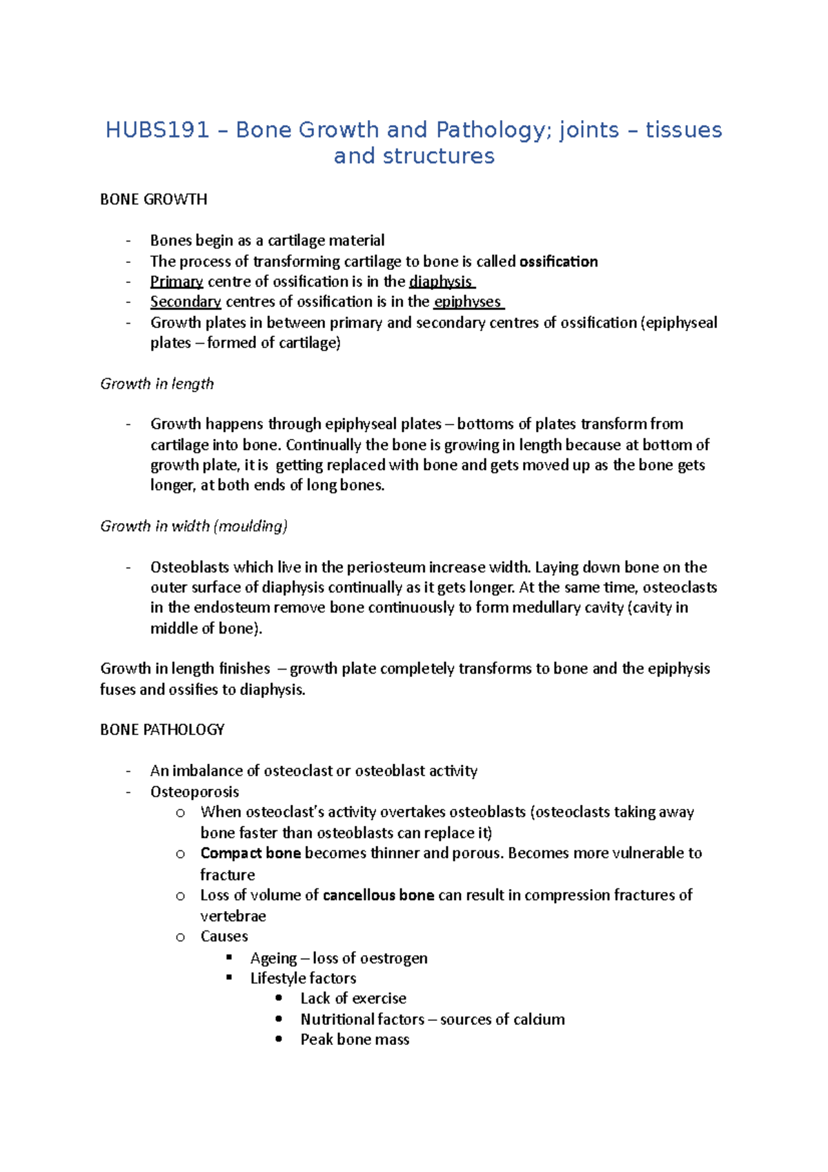 Bone Growth, Pathology and Joints - HUBS191 – Bone Growth and Pathology ...