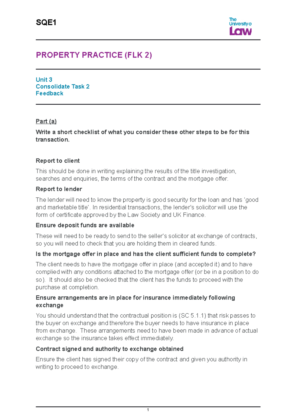 Exchange of contracts checklist - SQE PROPERTY PRACTICE (FLK 2) Unit 3 Consolidate Task 2 ...