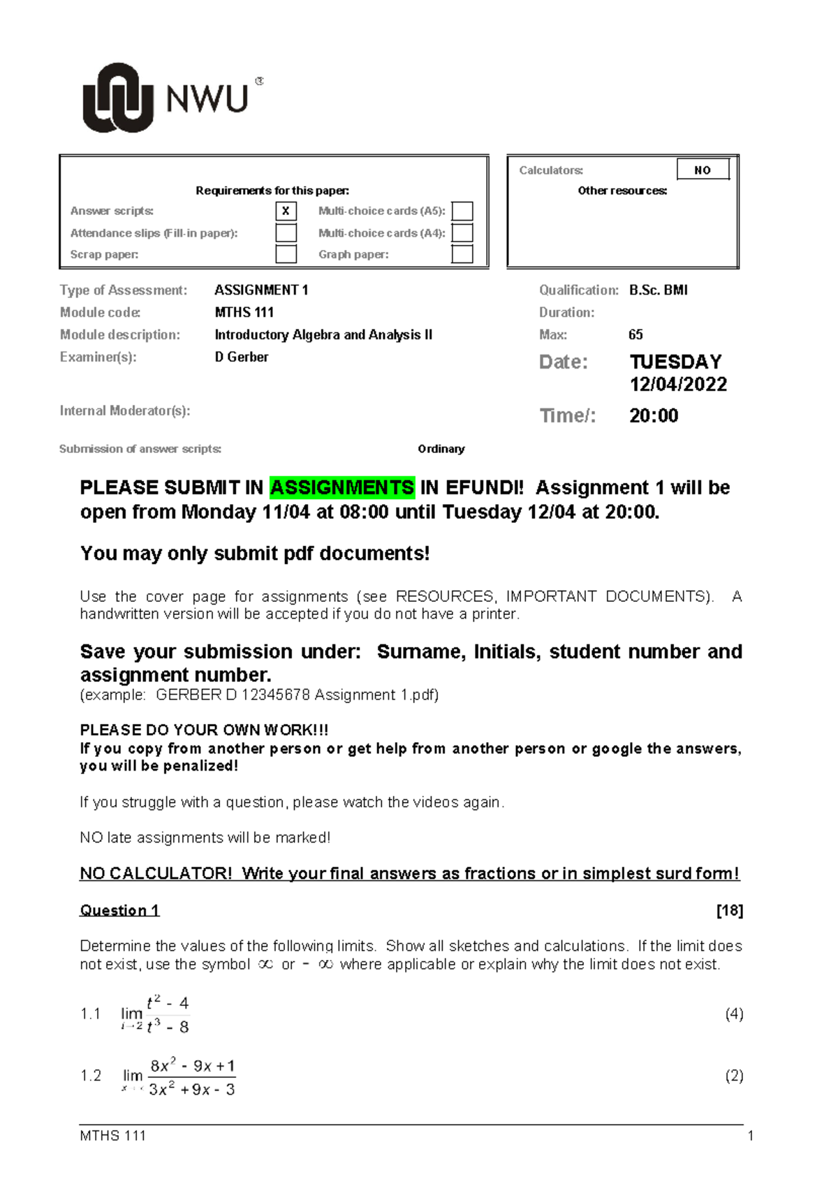 MTHS 111 Assignment 1 2022 - Calculators: NO Requirements for this ...