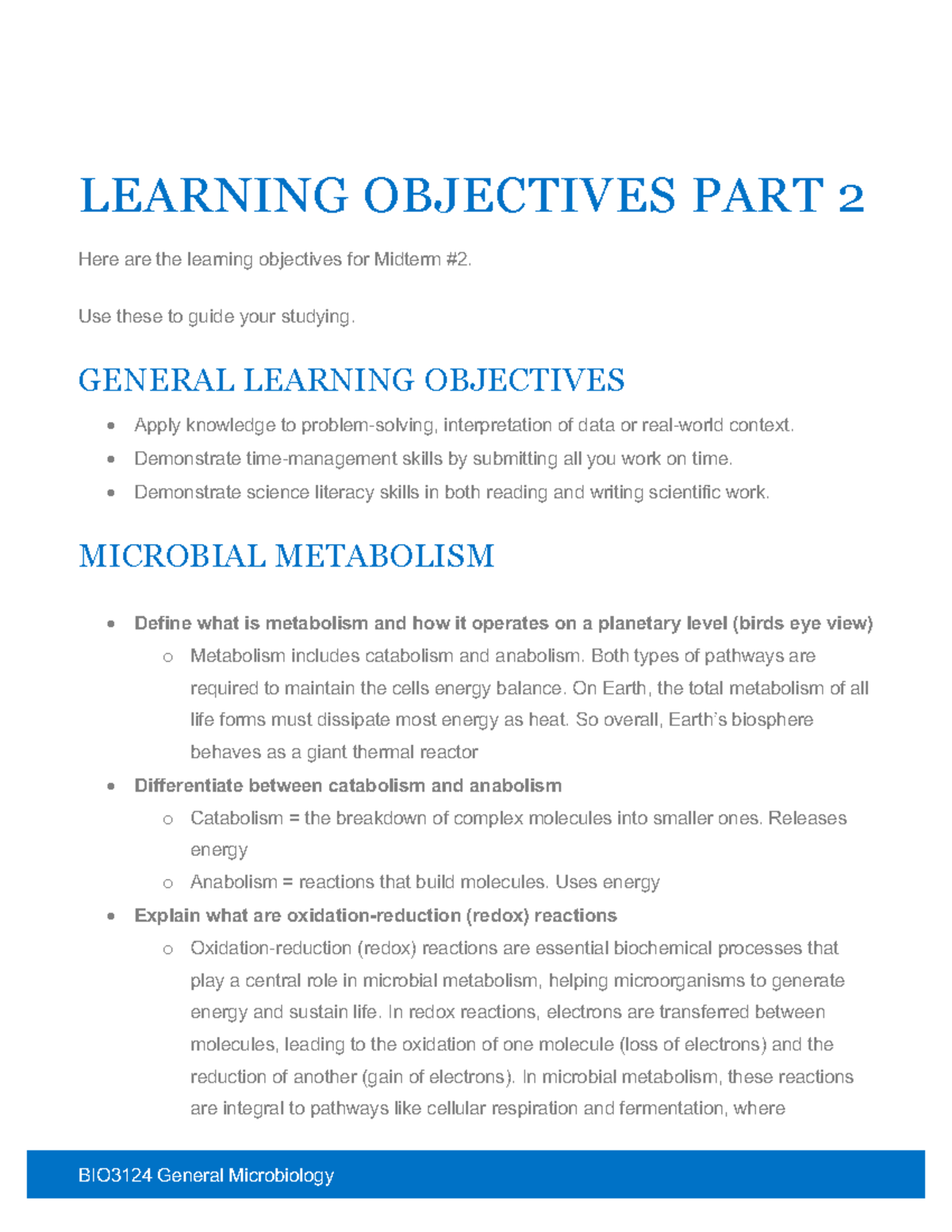 Learning objectives module 2 2024 - BIO3124 General Microbiology LEARNING OBJECTIVES PART 2 Here ...