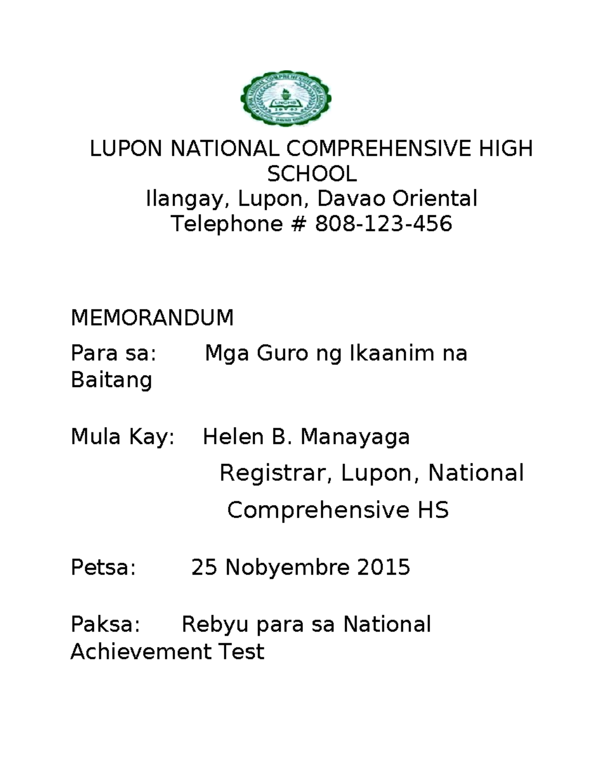 Halimbawa ng Memorandum - LUPON NATIONAL COMPREHENSIVE HIGH SCHOOL ...
