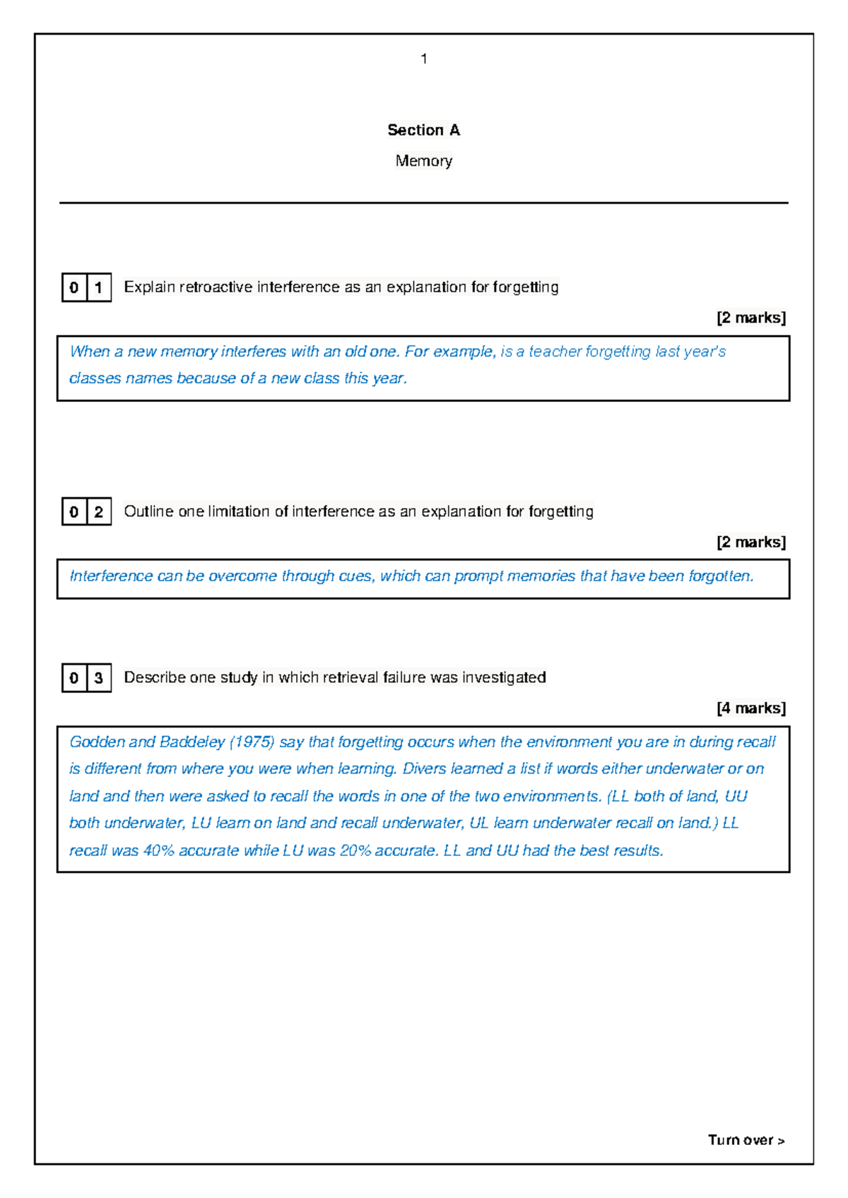 Interference & Retrieval Failure - 1 Turn over > Section A Memory Explain retroactive - Studocu