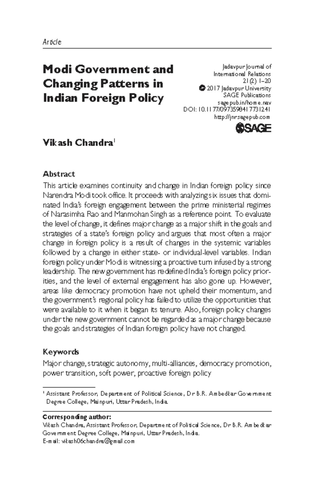 Modi Government and Changing Patterns in Foreign Policy - Article 1 ...