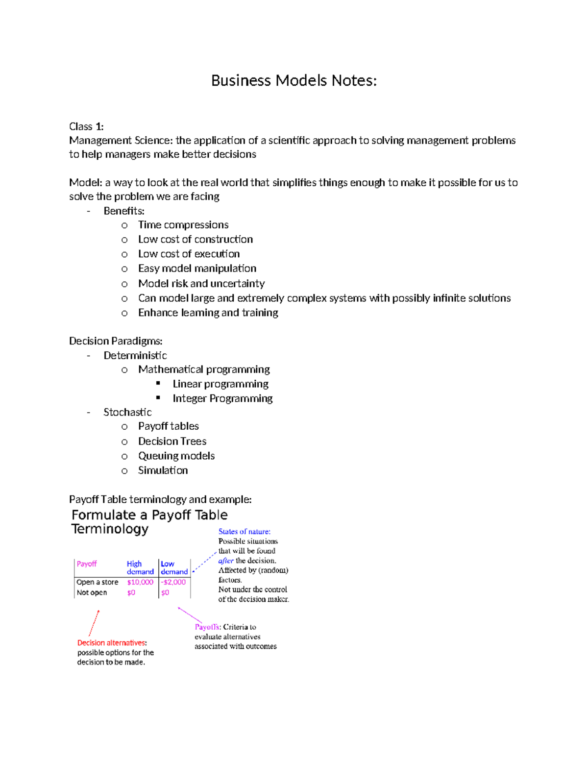 Decision Models Notes - Business Models Notes: Class 1: Management ...