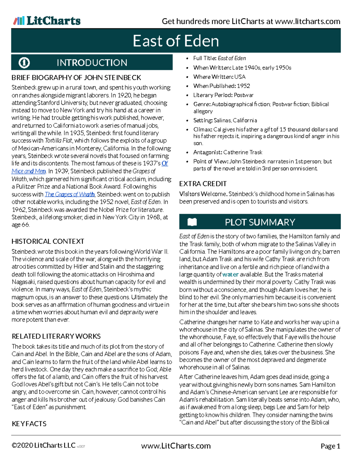 East of Eden Lit Chart - GUIDE - East of Eden BRIEF BIOGRAPHY OF JOHN ...