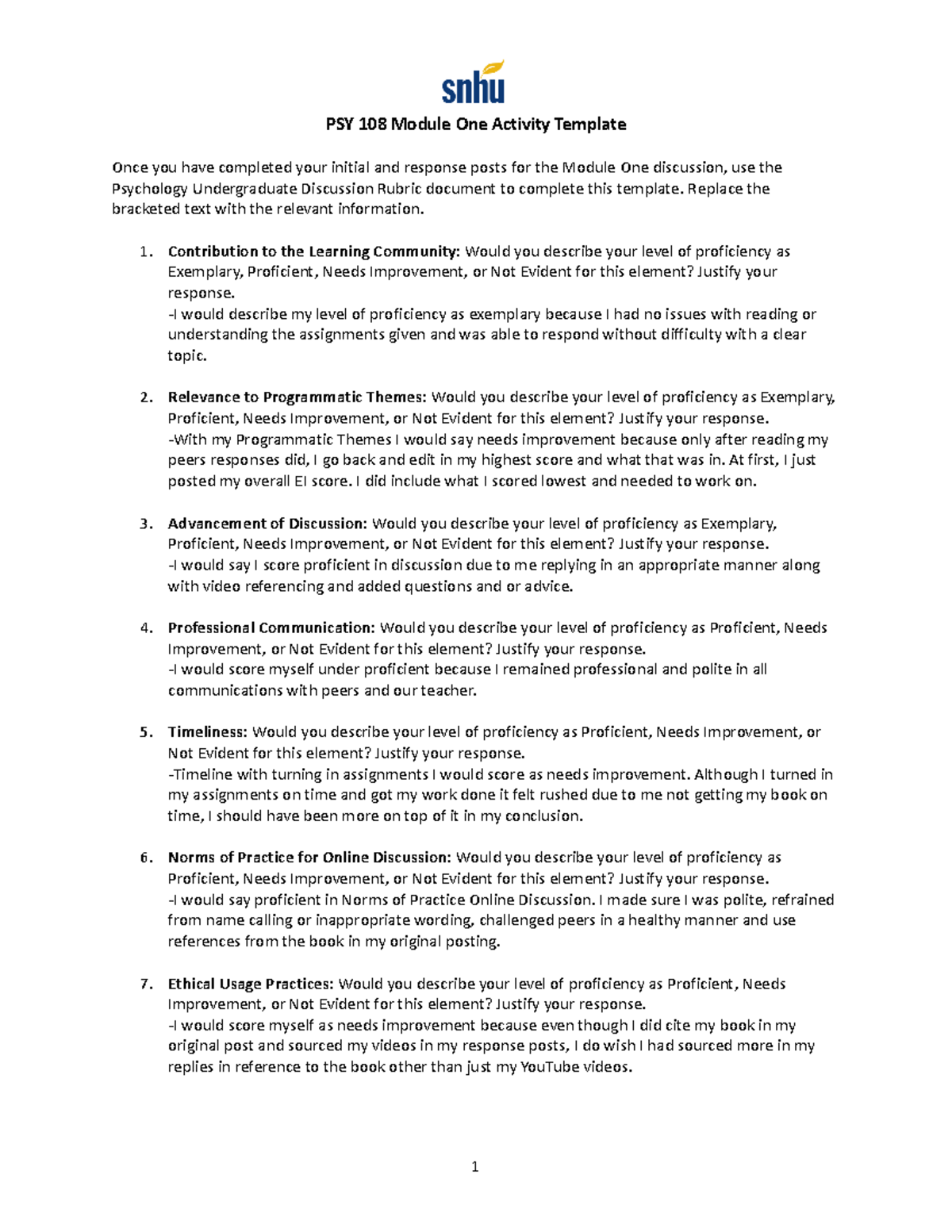 PSY 108 Module One Activity Template done - Replace the bracketed text ...