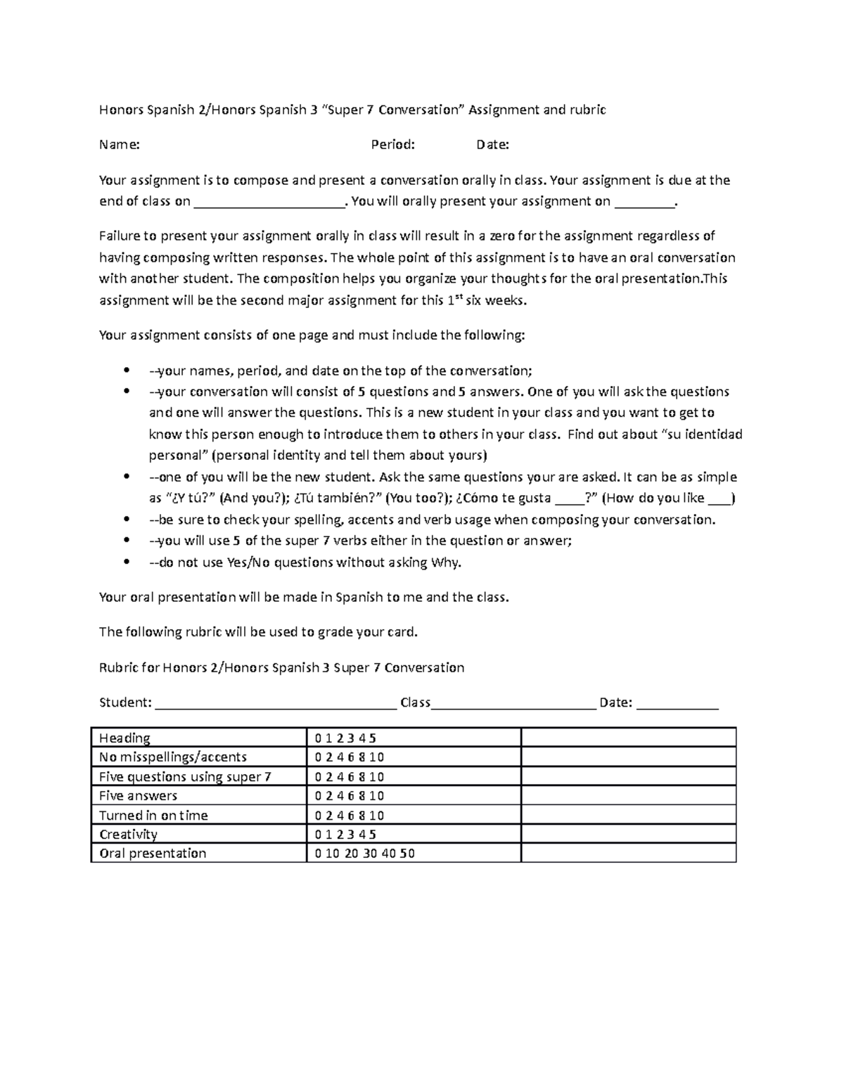 Honors 2-3 Super 7 convo 2023-24 - Honors Spanish 2/Honors Spanish 3 ...