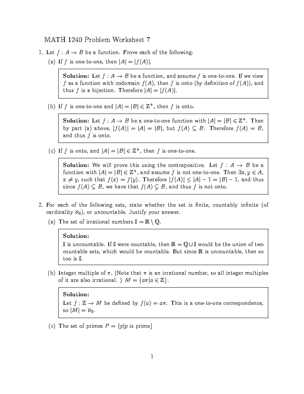 Summer Lab Worksheet 7Solutions - MATH 1240 Problem Worksheet 7 Letf:A→ ...