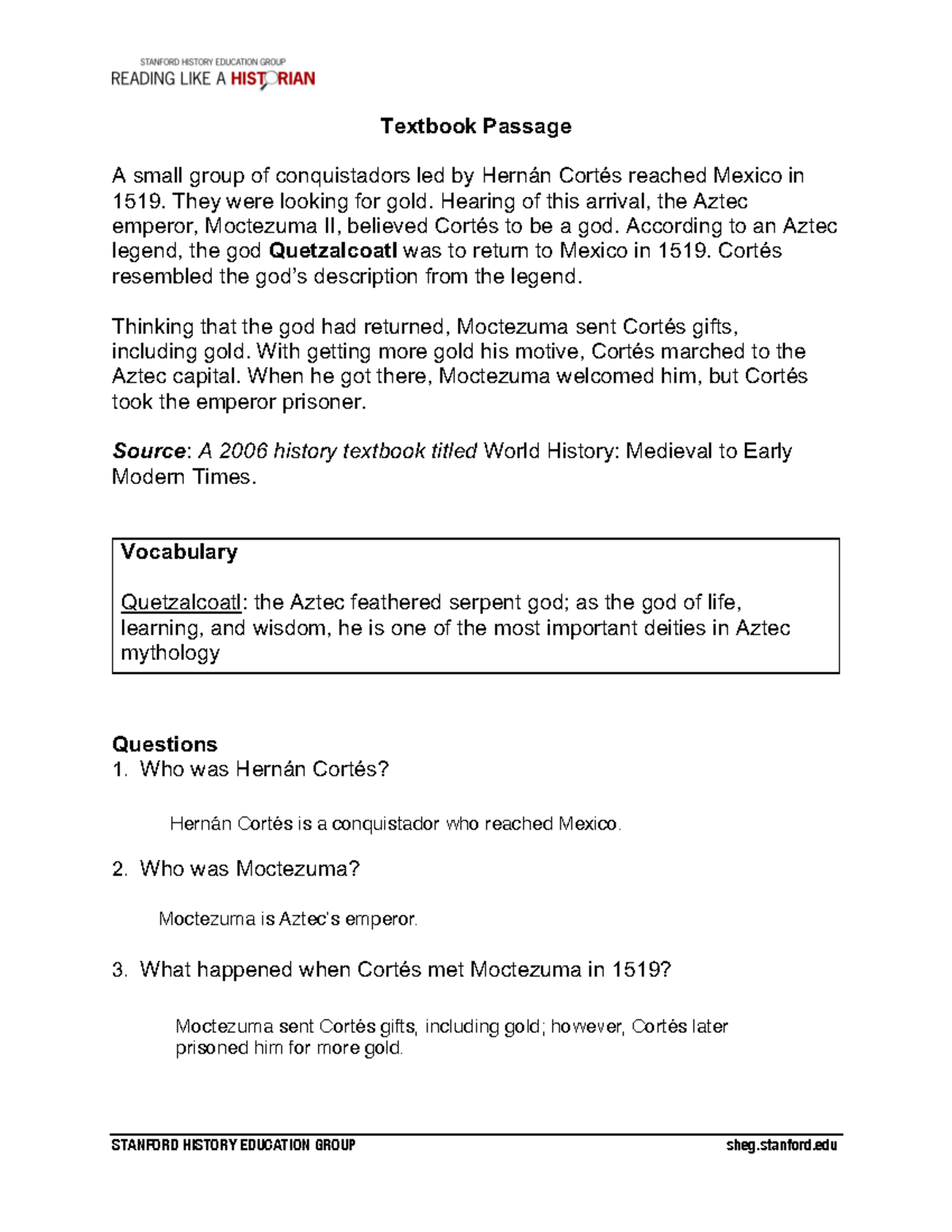 Moctezuma and Cortés Student Materials - Textbook Passage A small group ...