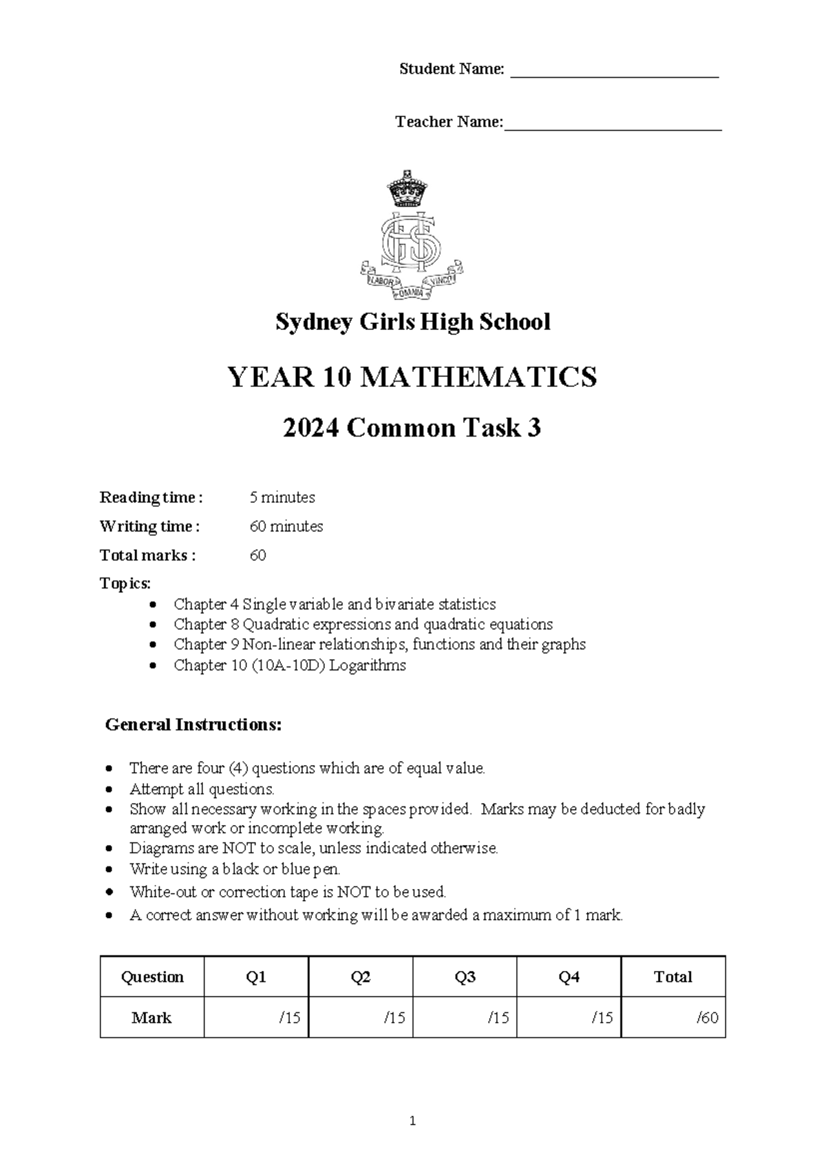 2024 Year 10 Task 3 - Past Exam Paper - Student Name ...