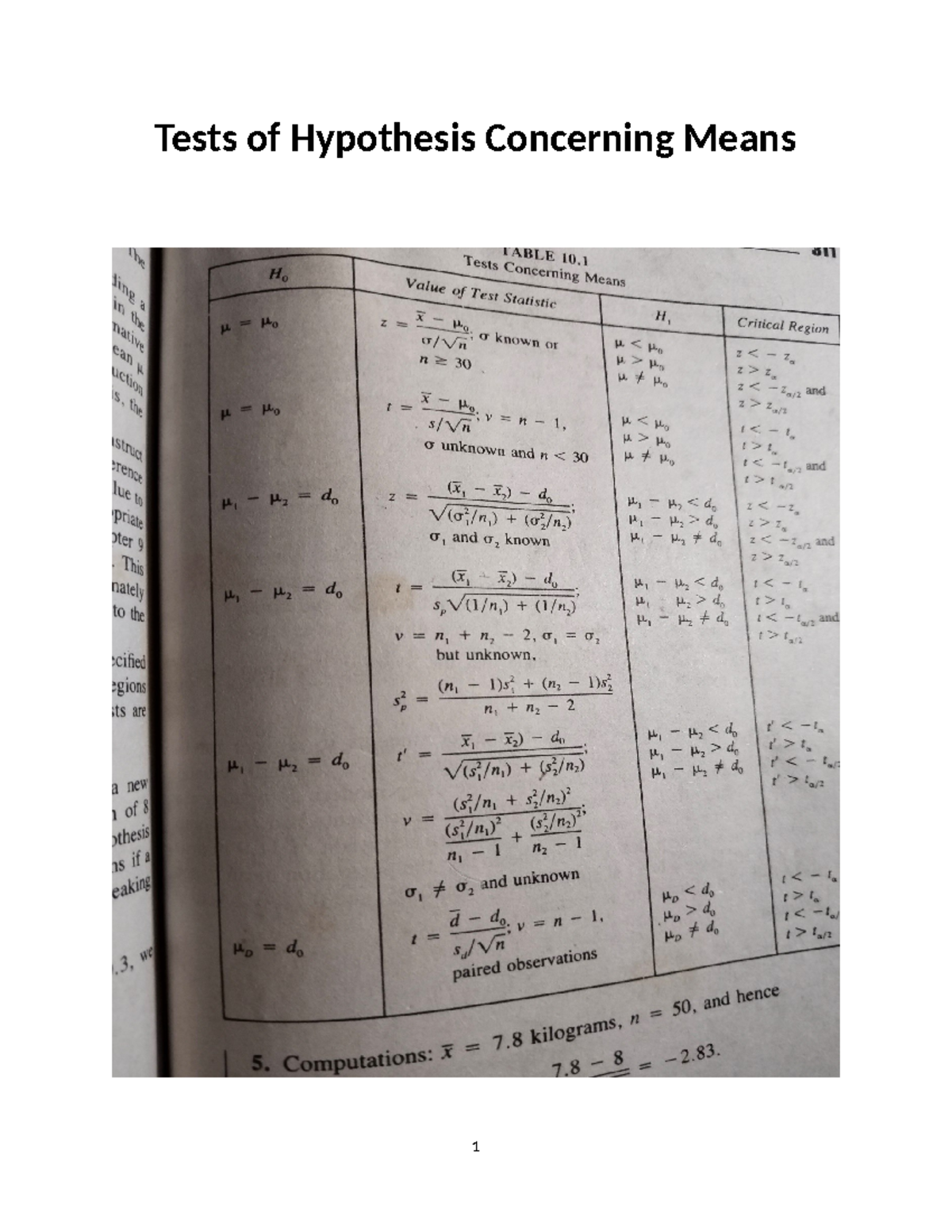 Tests Of Hypothesis Concerning Means Tests Of Hypothesis Concerning Means Assumption 1
