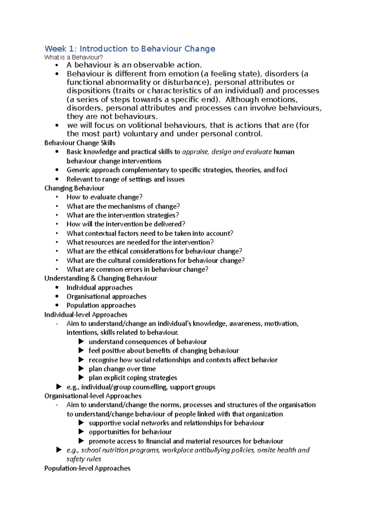 Week 1-4 3018PSY notes - Week 1: Introduction to Behaviour Change What ...