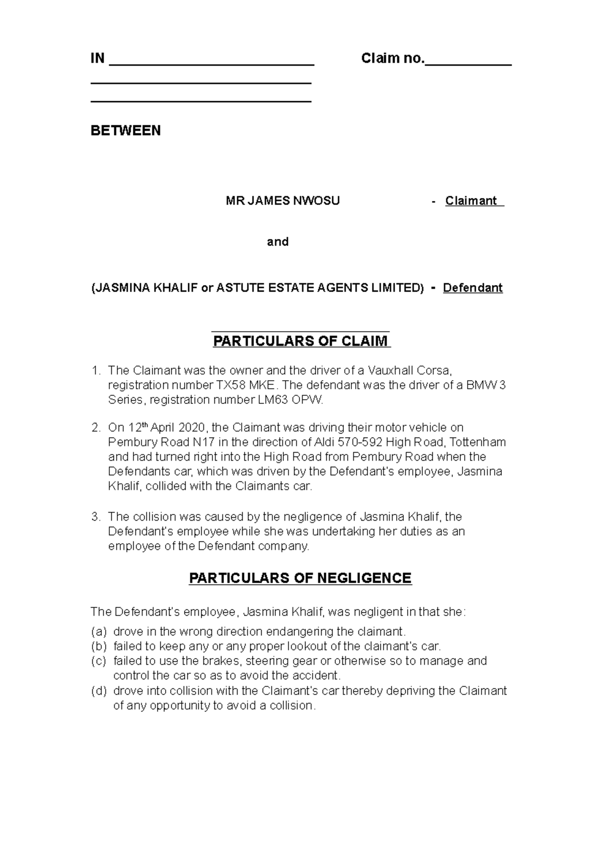 James Nwosu Particulars Of Claim - Draft 1 - IN ...