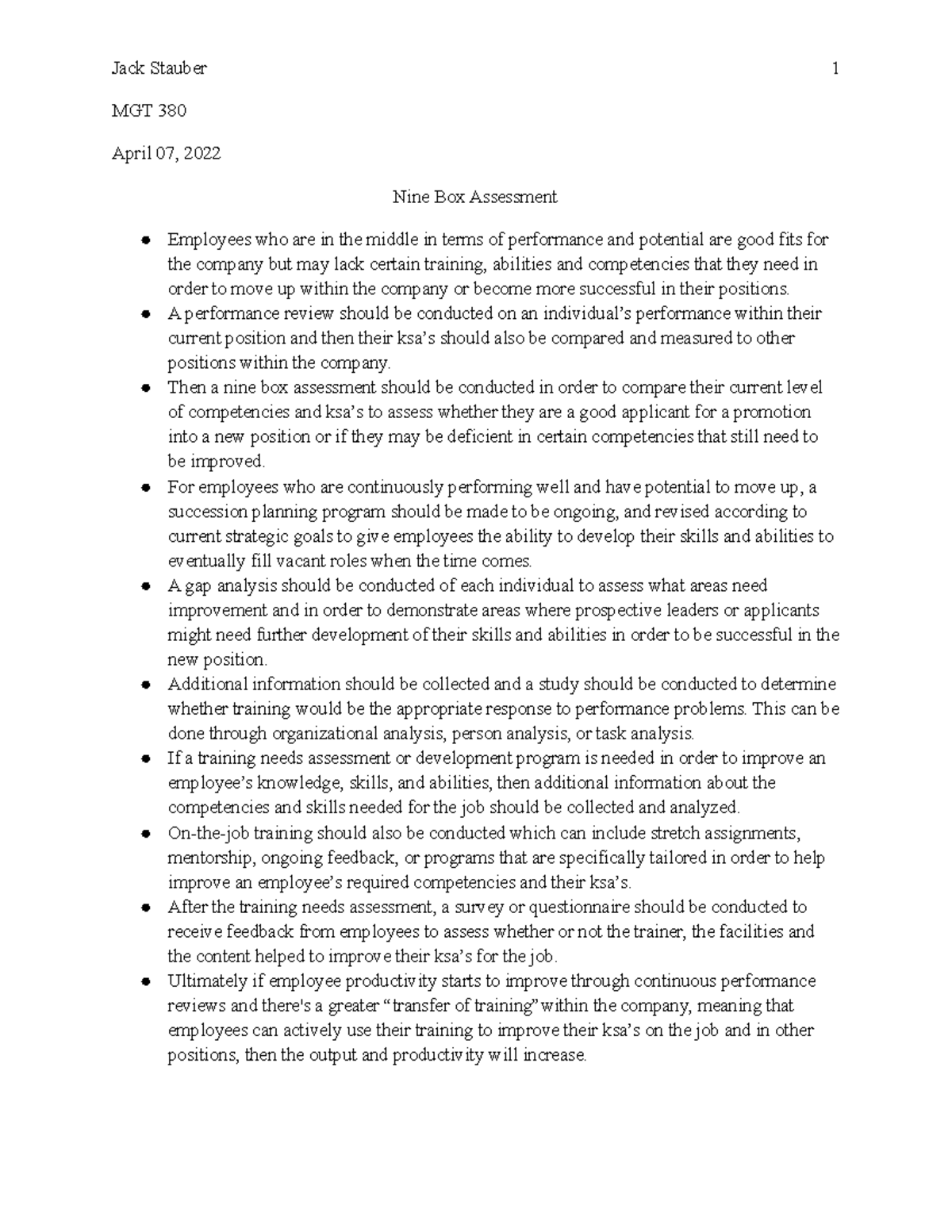 MGT 380 Nine Box Assignment - Jack Stauber 1 MGT 380 April 07, 2022 ...