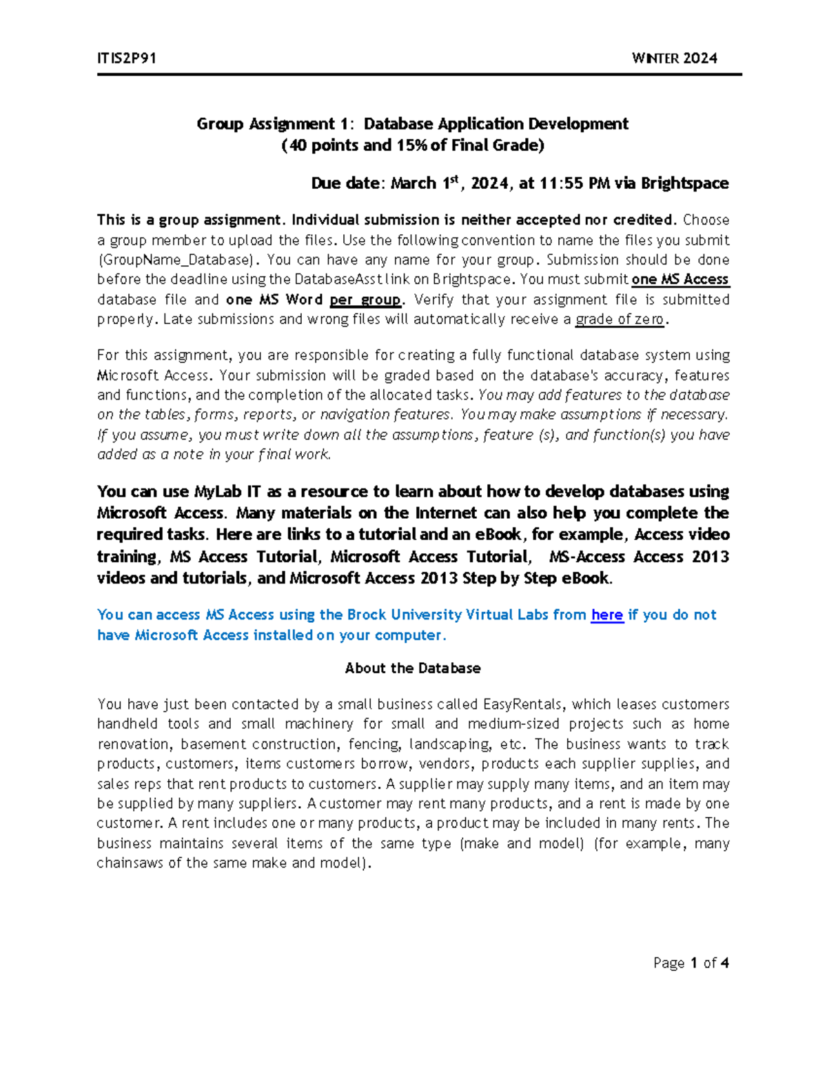 Database Assignment W24-ITIS2P91 - Group Assignment 1 : Database Application Development ( 4 0 ...